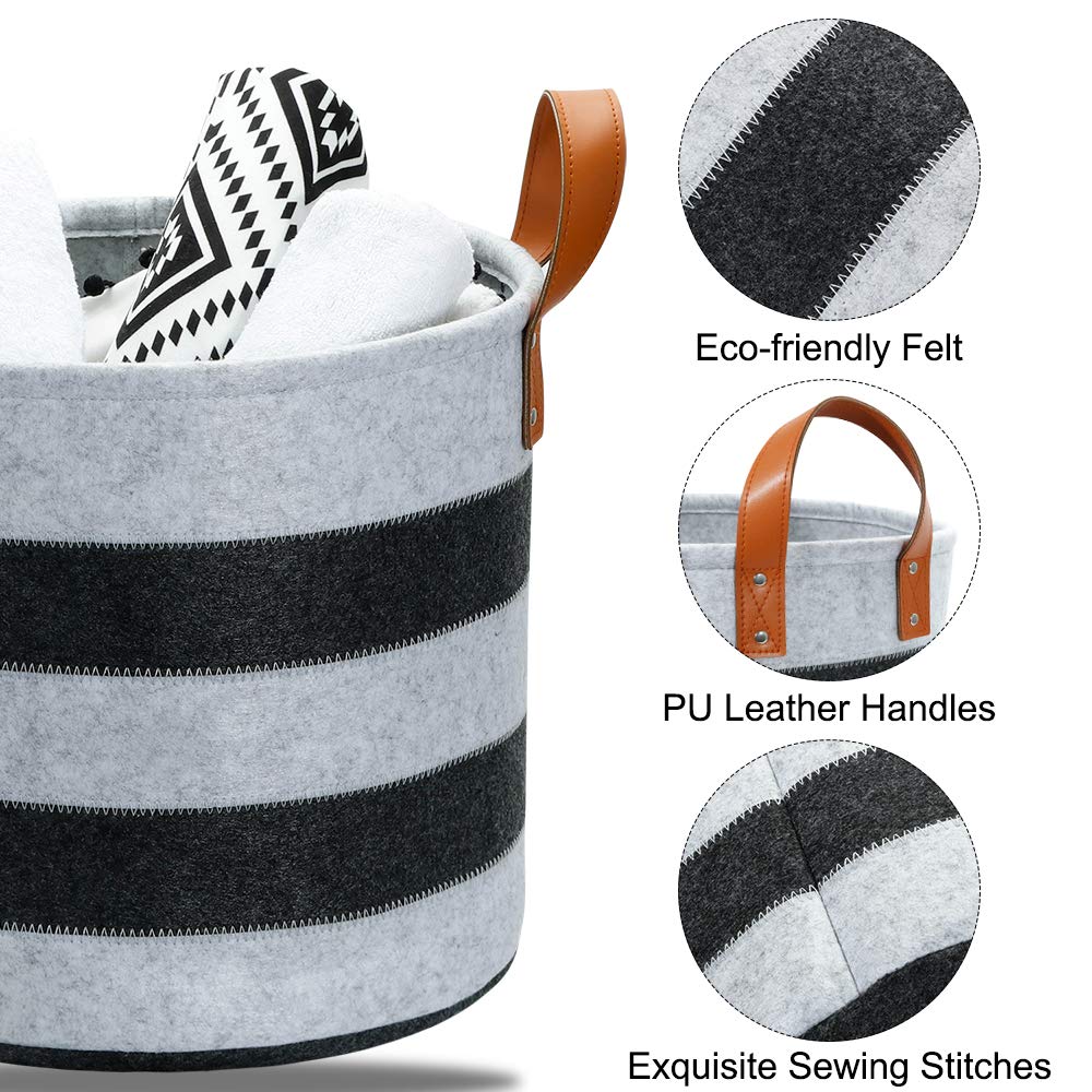 Round Storage Basket Medium Bin Towels Blanket Basket Foldable Laundry Baskets with PU Handles Felt Fabric Bins for Home, Living Room, Bathroom