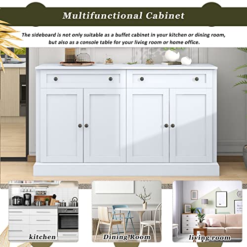 60β Large Storage Cabinet Buffet Sideboard with 2 Drawers & 4 Doors, Wood Console Table Entryway Cupboard with Adjustable Shelves, Kitchen Dining Room Living Room Furniture Organizer (White-4)
