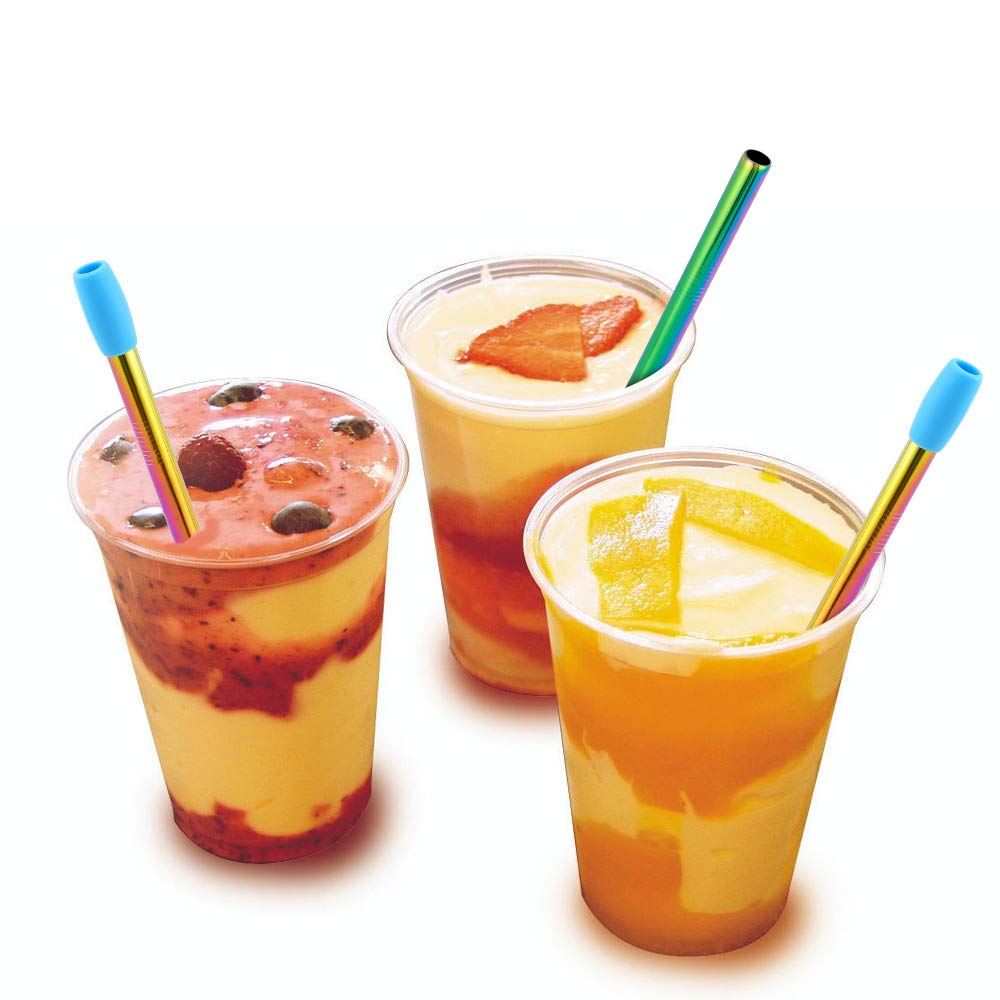 3 Pcs Reusable Boba Straws & Smoothie Straws, 0.5" Wide Stainless Steel Straws, Angled Tips Metal Straws for Bubble Tea, Milkshakes, Smoothies with Cleanning Brush & Case (Rainbow)