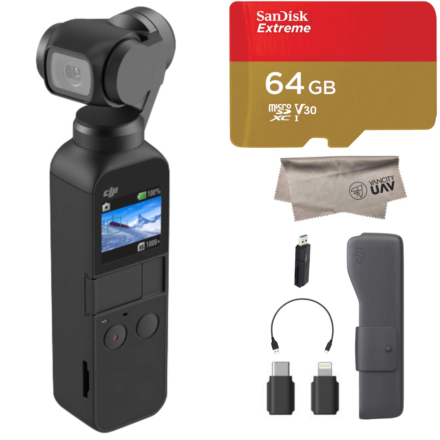2019 DJI Osmo Pocket Handheld 3 Axis Gimbal with Integrated 4K Camera Bundle, Comes 64GB Extreme Micro SD