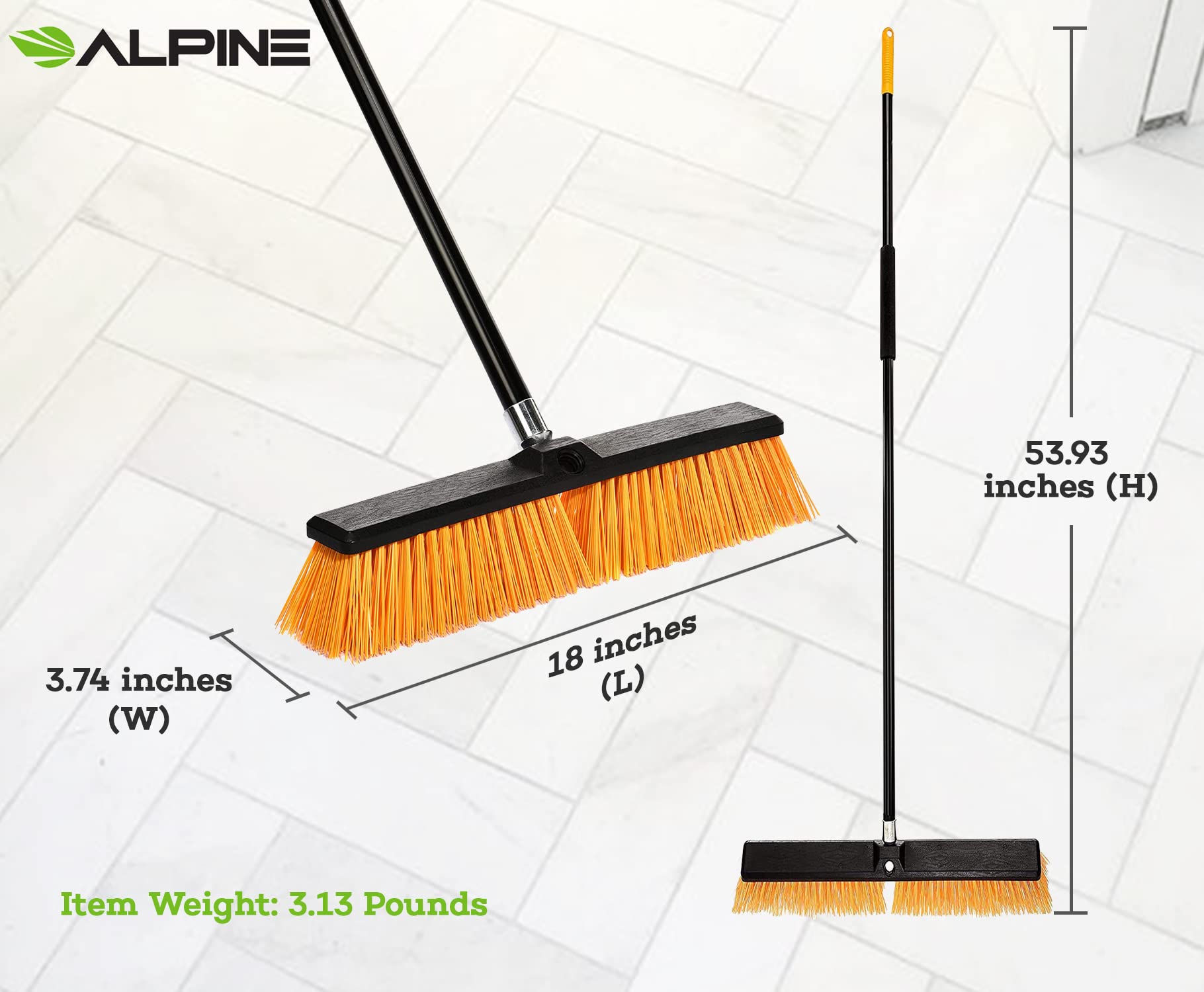 Alpine Industries Push Broom Heavy Duty Smooth Surface Broom Deck Scrubber Long Handle Commercial Floor Scrub Broom Cleans Dirt, Debris, Sand, Mud, Leaves and Water (Yellow, 18 in)