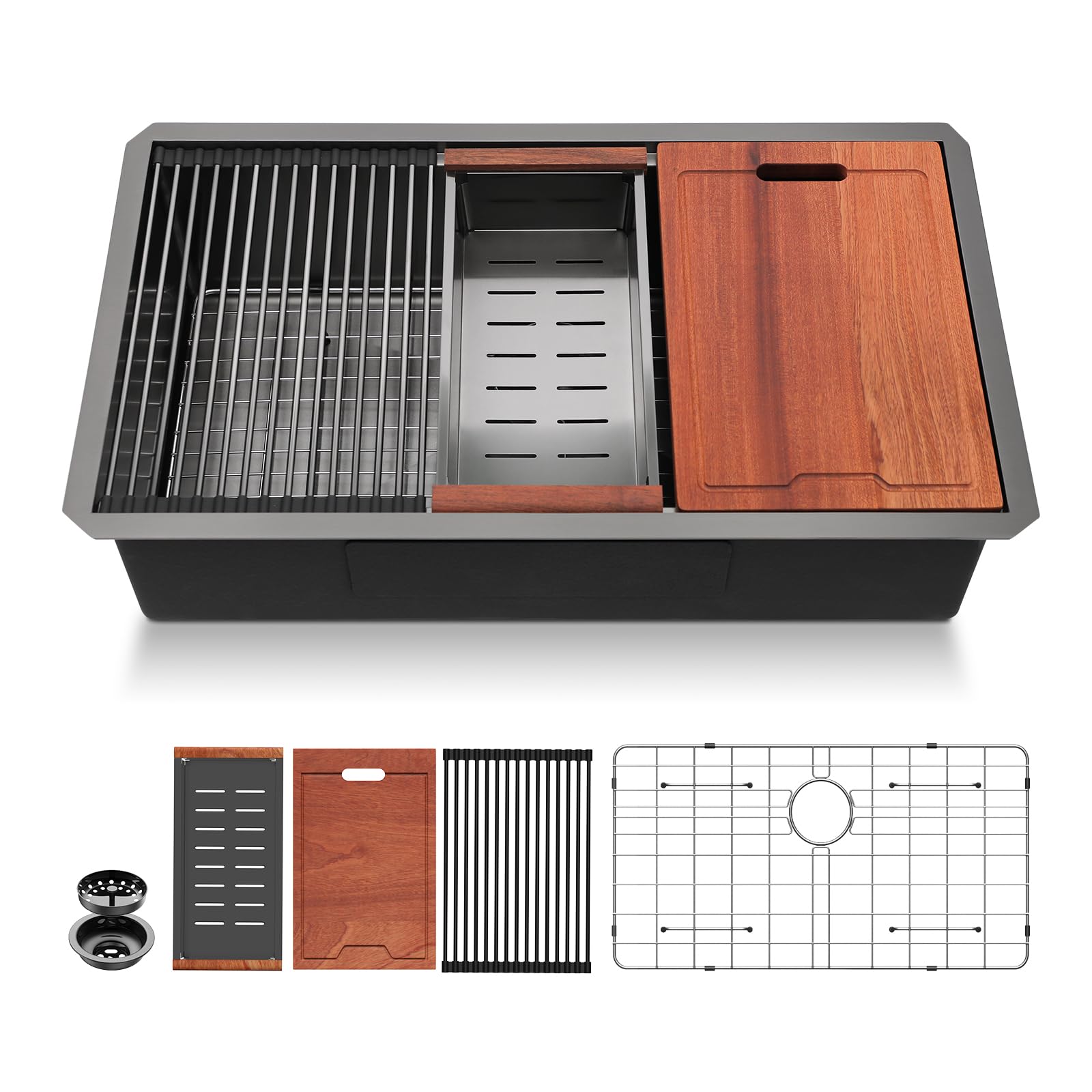 33 Kitchen Sink Black Stainless - Lordear 33 Inch Undermount Sink Ledge Workstation Gunmetal Black Stainless Steel 16 Gauge Single Bowl Under Counter Kitchen Sink Basin with Accessories