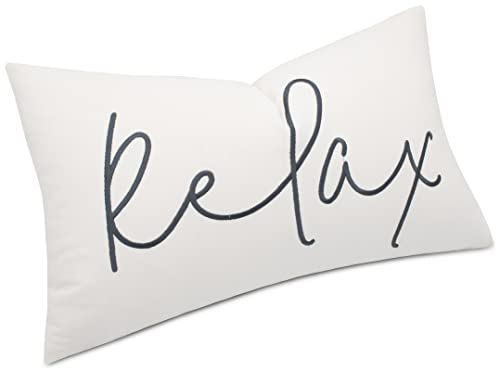 Rudransha Relax Sentiment Embroidered Decorative Oblong Accent Throw Pillowcase - Bedroom Decor, Housewarming - 12x20 Inches, Offwhite