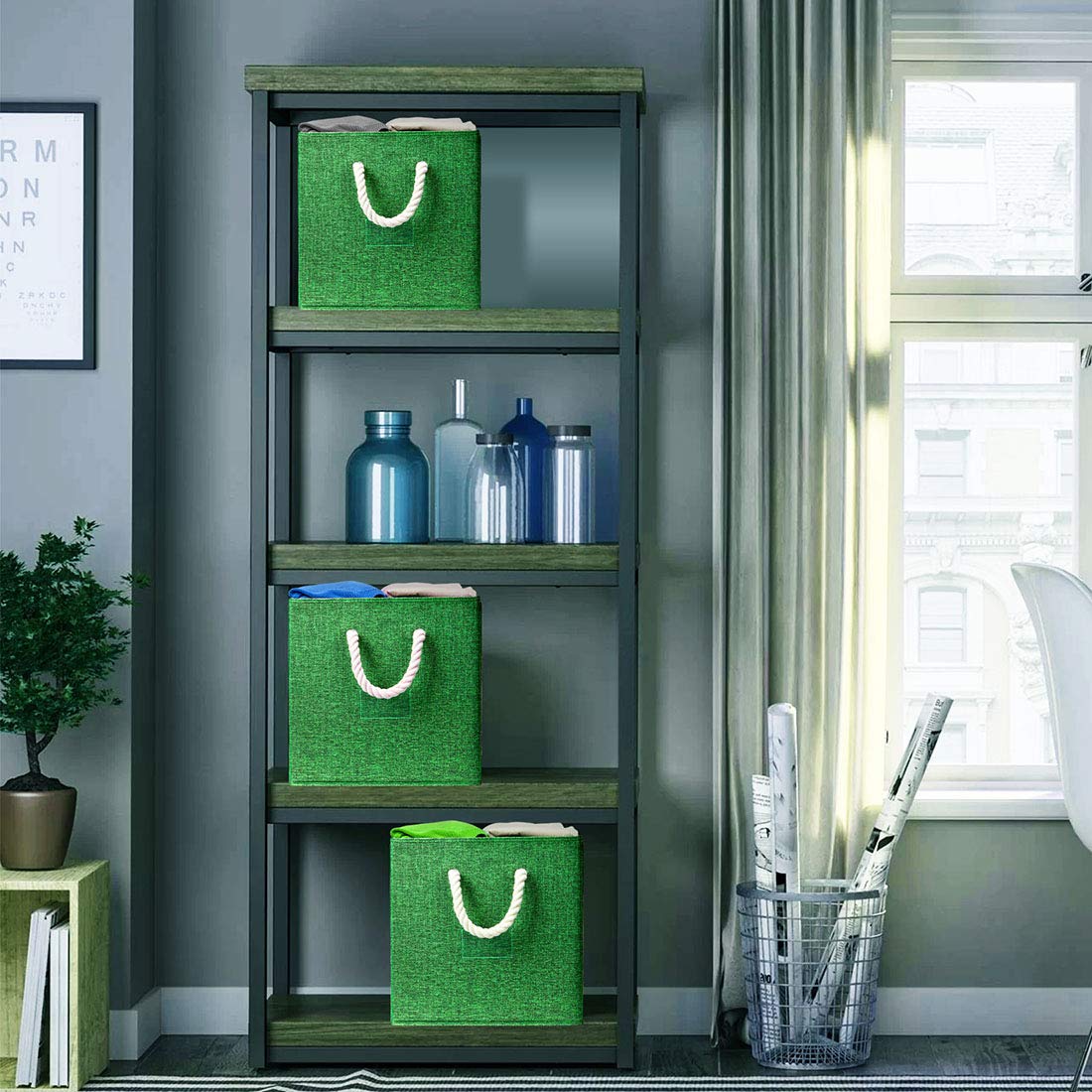 i BKGOO Foldable Storage Cube Bins,Green Linen Fabric Collapsible Resistant Basket Box Organizer with Cotton Rope Handle for Home Office and Nursery 13x13x13 inch