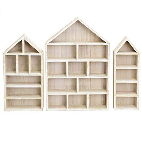 Ikee Design House-Shaped Wooden Shadow Cubby Box Display Shelf Organizer Storage Shadow Box for Mini Figures, Set of 3, Wash White Color, 10" W x 2 1/4" D x 15" H