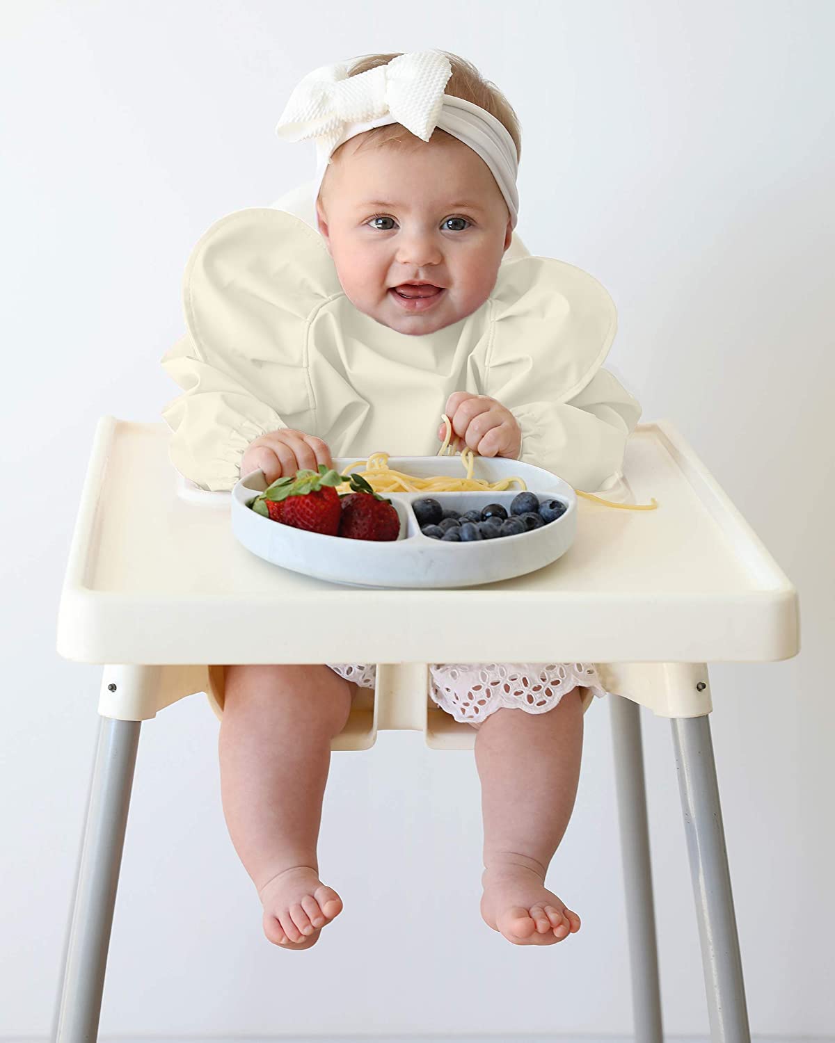 WILLOW + SIM Long Sleeve Baby Bib - Mess-Proof Feeding Bib for Babies 6-24 Months - Antique White