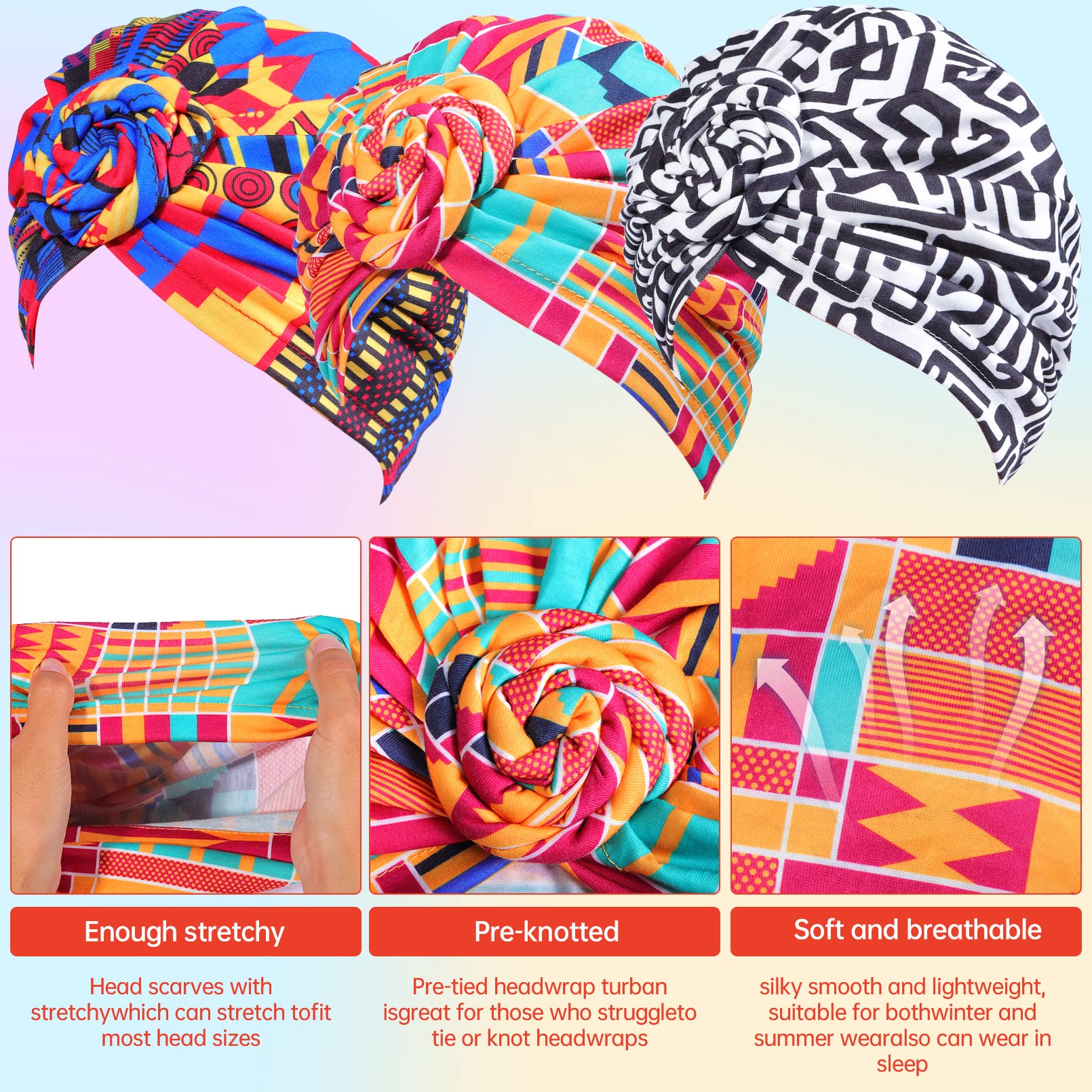 3PCS African Turban for Women,Flower Knot Headwraps,Pre-Tied Bonnet Beanie Cap,Elastic Head Wraps Hat,Hair Loss Hat Chemo Cap