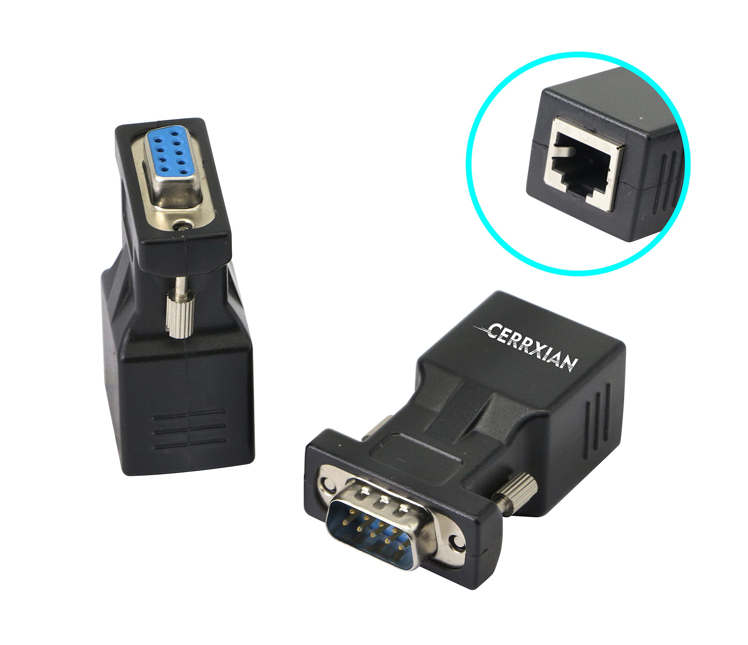 CERRXIAN DB9 RS232 Male & Female to RJ45 Female COM Port to LAN Ethernet Cat5e Cat6 Serial Coupler Extender Adapter(2-Pack)