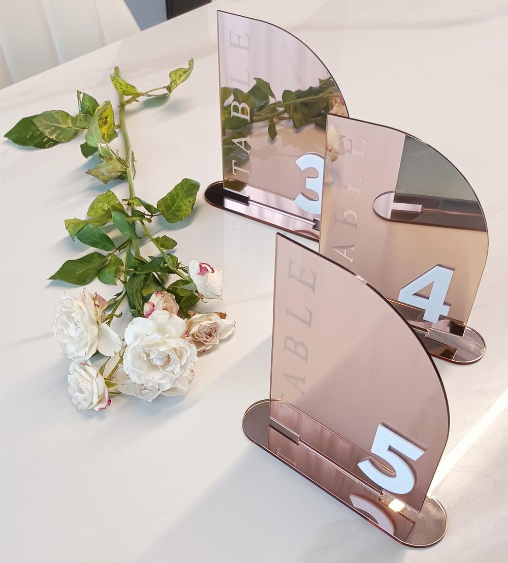 Acrylic Wedding Table Numbers,Semi-Arched Mirrored Acrylic Table Numbers for Centerpiece, Reception, Decoration, Party, Anniversary, Event (Number 1-15, Rose Gold Mirror)