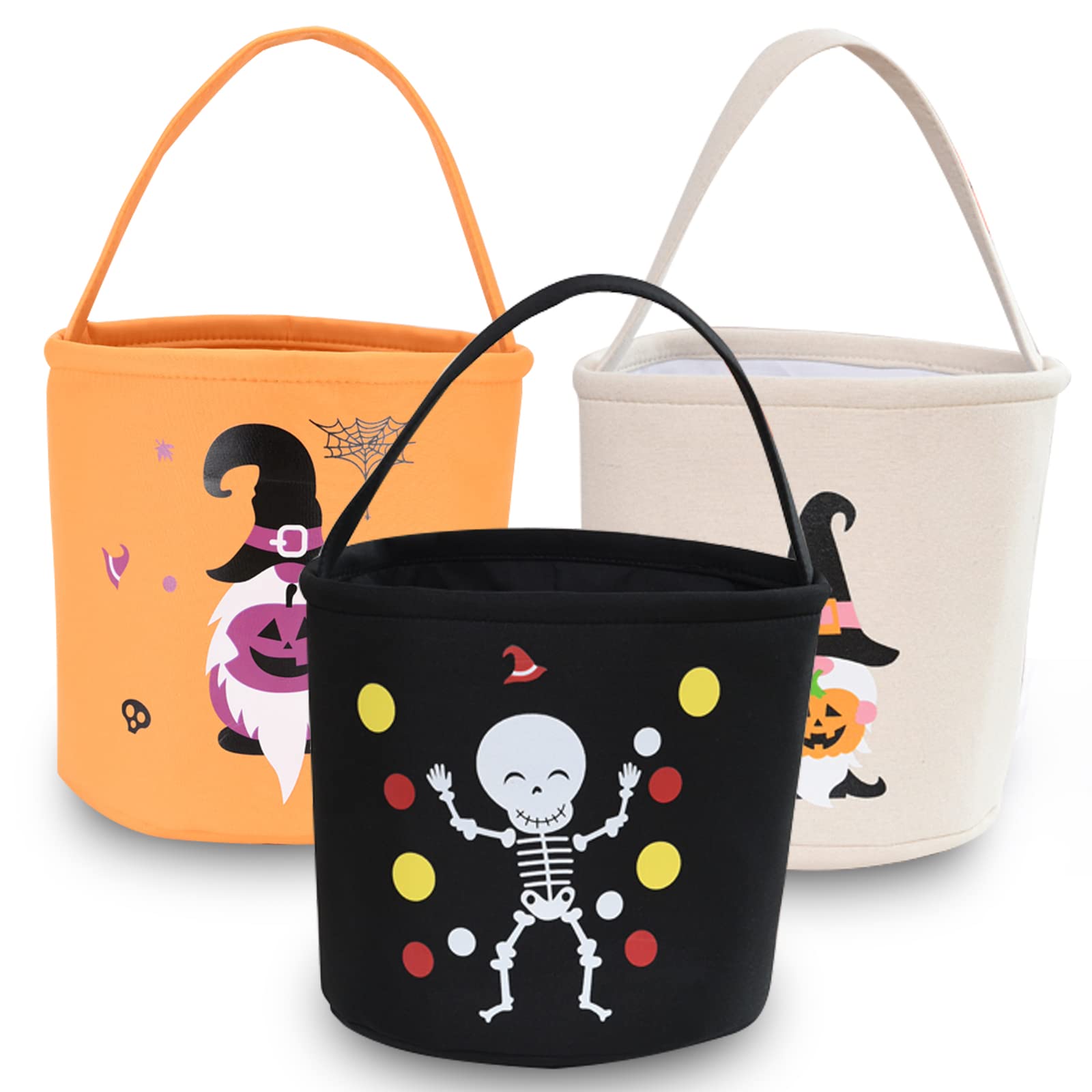 3 Pack Halloween Trick or Treat Treating Buckets Candy Basket Tote Bag for Kids Cute Bags Gnomes