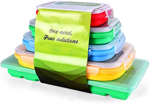 Collapsible Silicone Storage Set of 4 Plus Bonus Ice Tray - BPA Free, Microwave, Dishwasher And Freezer Safe