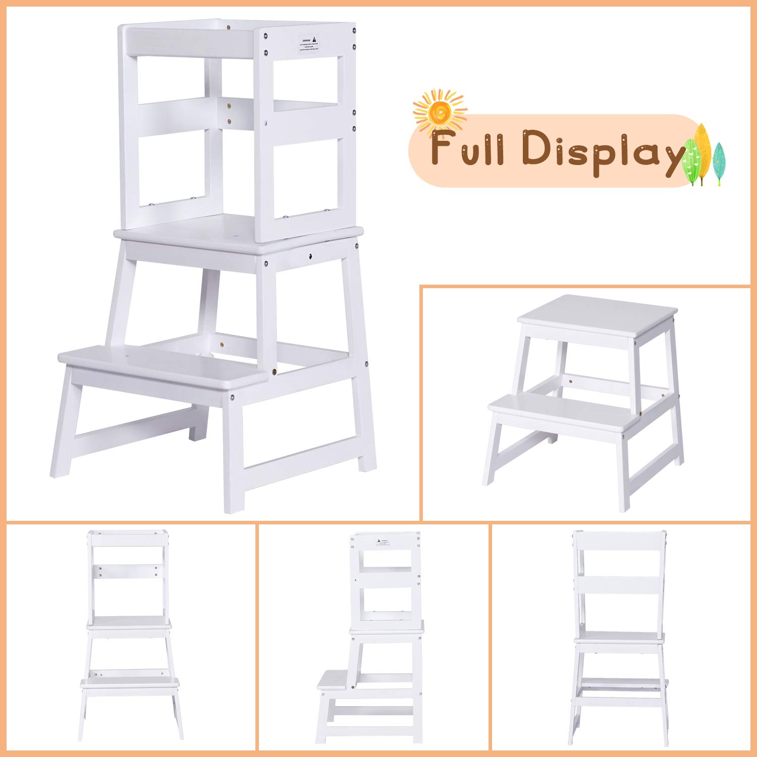 Kinbor Baby Kids Kitchen Step Stool with Safety Rail-Solid Wood Construction Toddler Stool Toddler Stepping Stool for Counter and Bathroom Sink White