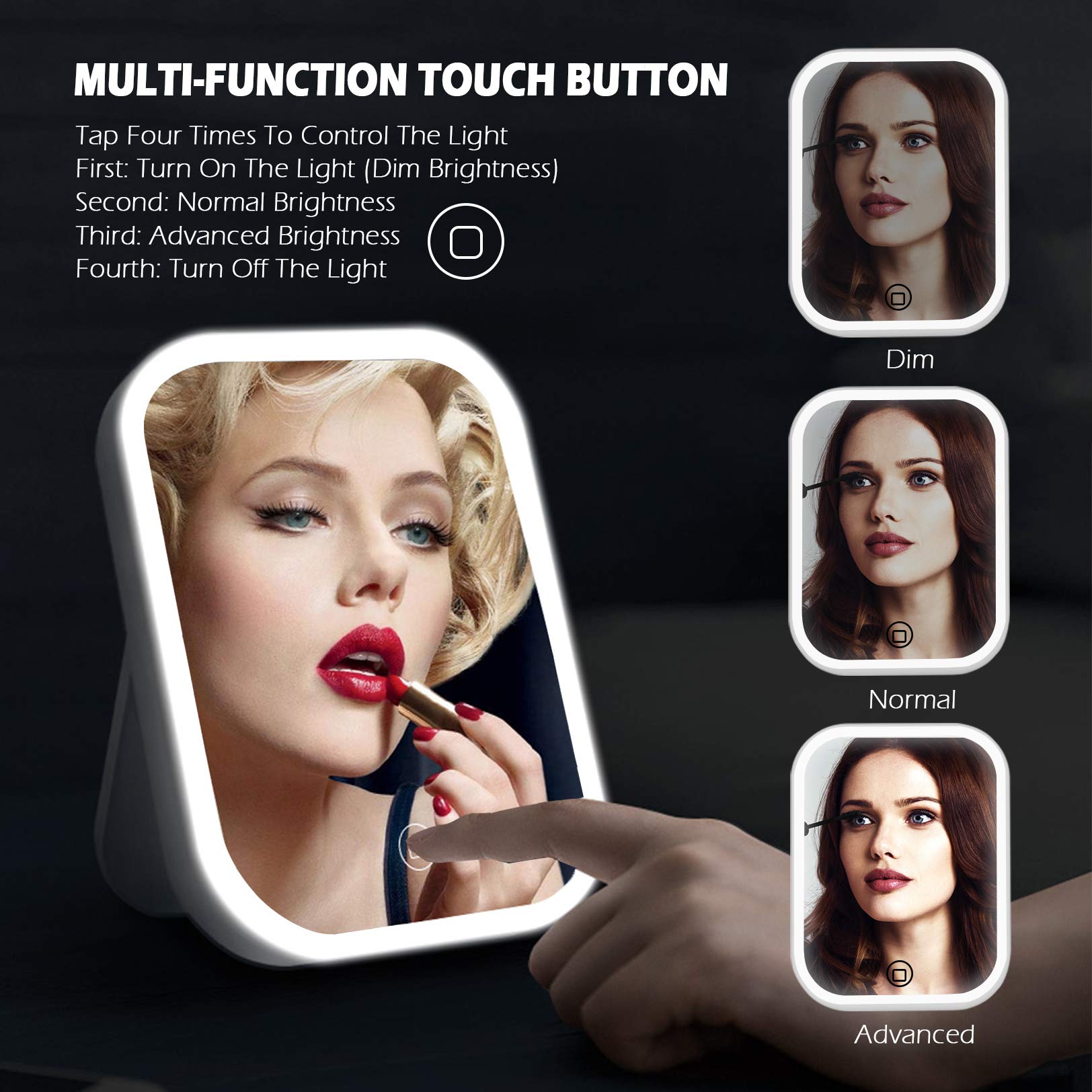 CERSLMO Makeup Mirror with Lights, Lighted Travel Vanity Mirror with 4 LED Tape-Lights, Dimmable Portable Desk Light up Cosmetic Mirror with Touch Screen Switch, Batteries or USB Operated, White