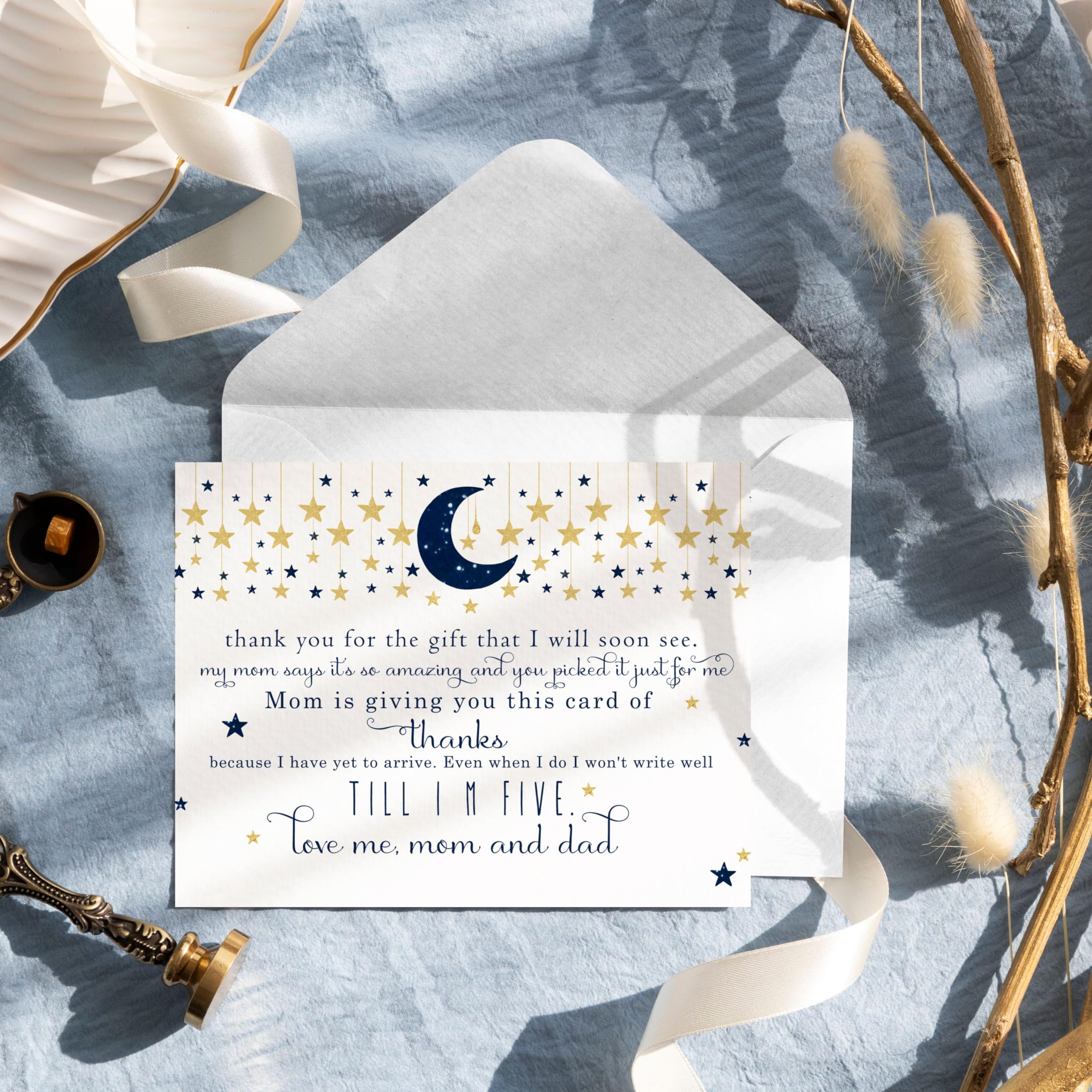 25 Twinkle Little Star Baby Thank You Cards Pack β Boys Baby Shower Notes with Envelopes Set, Prefilled Message, Customizable Personalize Blank Stationery Blue and Gold, New Parents Gift Ideas