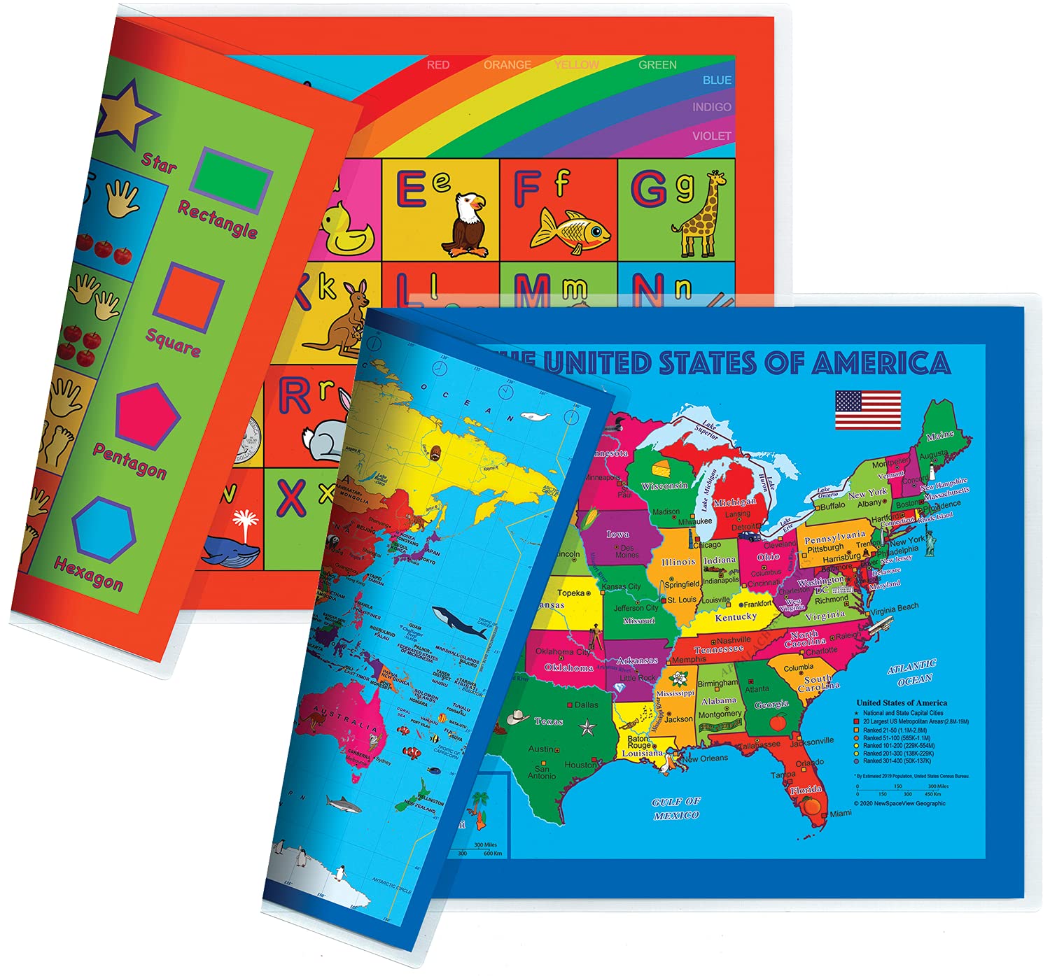 Natural Learning Children's Placemat (2 Placemats: USA/Europe Centered World Map; Alphabet/Colors and Numbers/Shapes 4-in-1)
