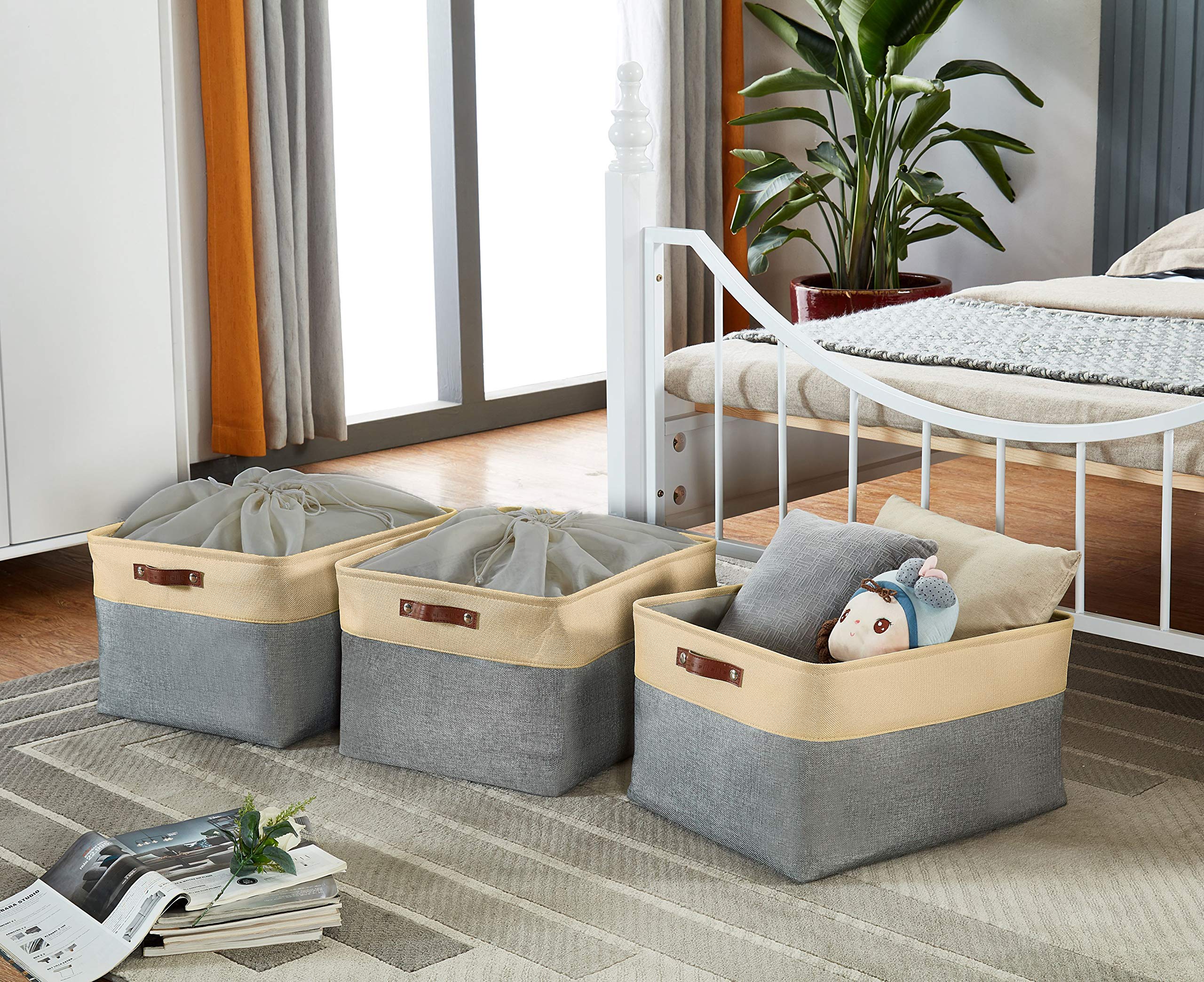 DECOMOMO Storage Baskets | Large Storage Bins Fabric Baskets for Organizing Laundry Nursery Toys Cloth Linen Closet Organizers with Handles (Grey and Beige, XXXXL - 3 Pack)
