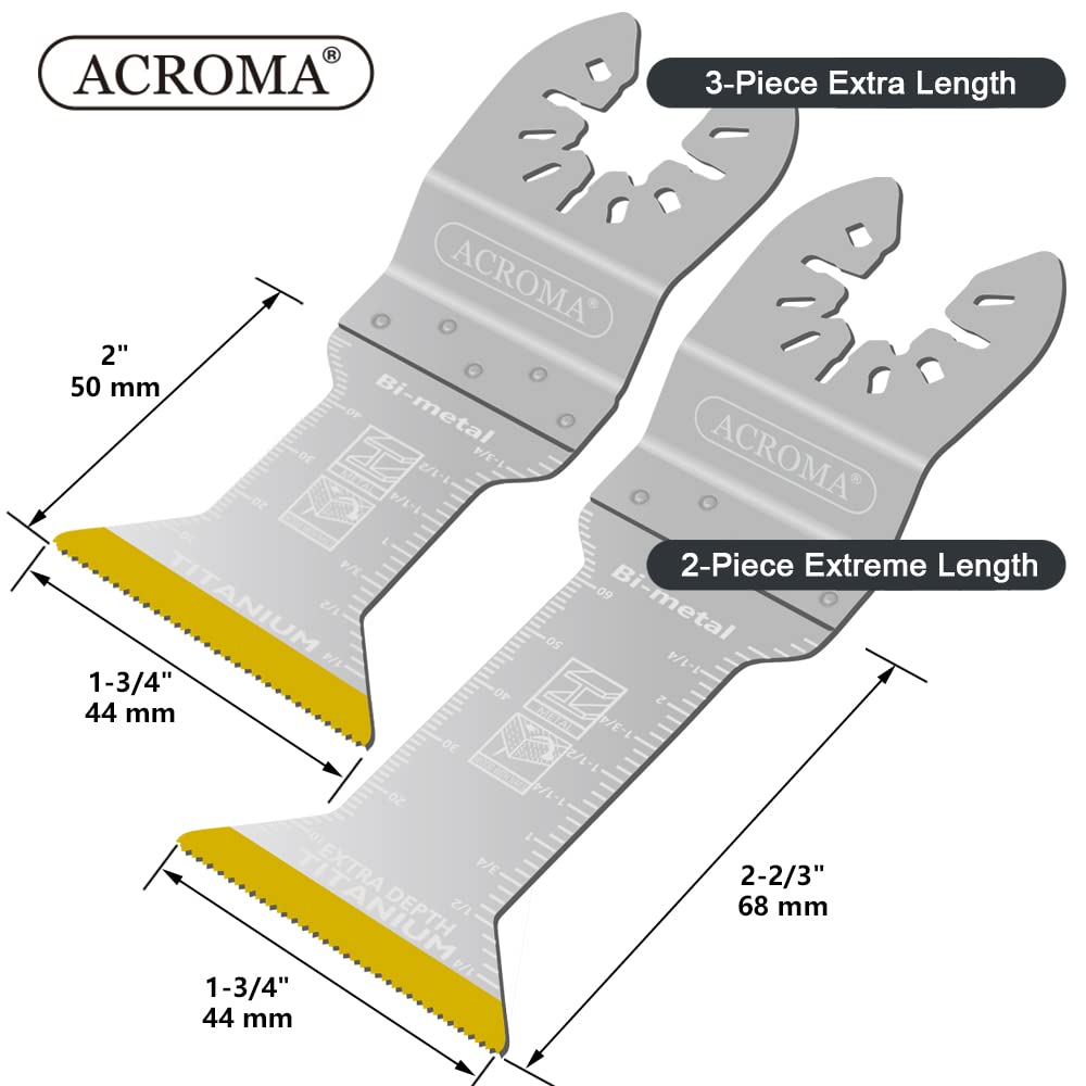 Acroma 5-Piece Universal Oscillating Multitool Blade Set, Titanium-Enhanced M42 HSS Bi-Metal, Including 2" and 2-2/3" Extra-Long Blades, Ideal for Plunge/Flush Cut on Multi-Materials. BM50005
