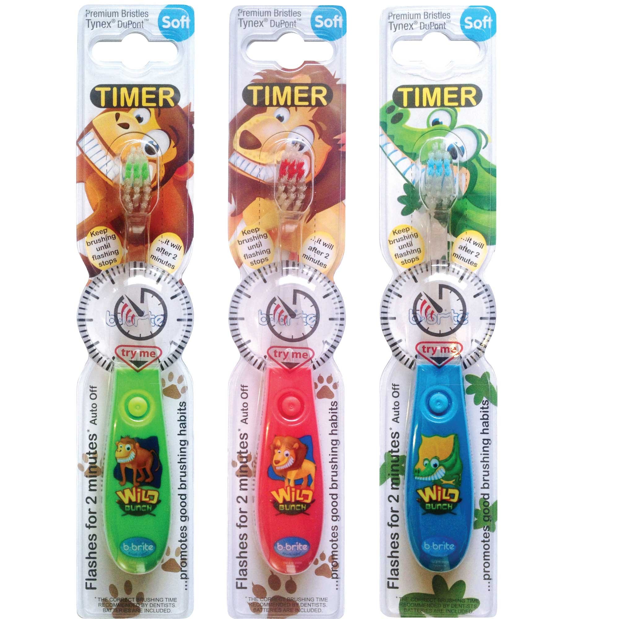 Children's Battery Powered Toothbrush with Flashing Timer - Pack of 3 (Wild Bunch - Boys)