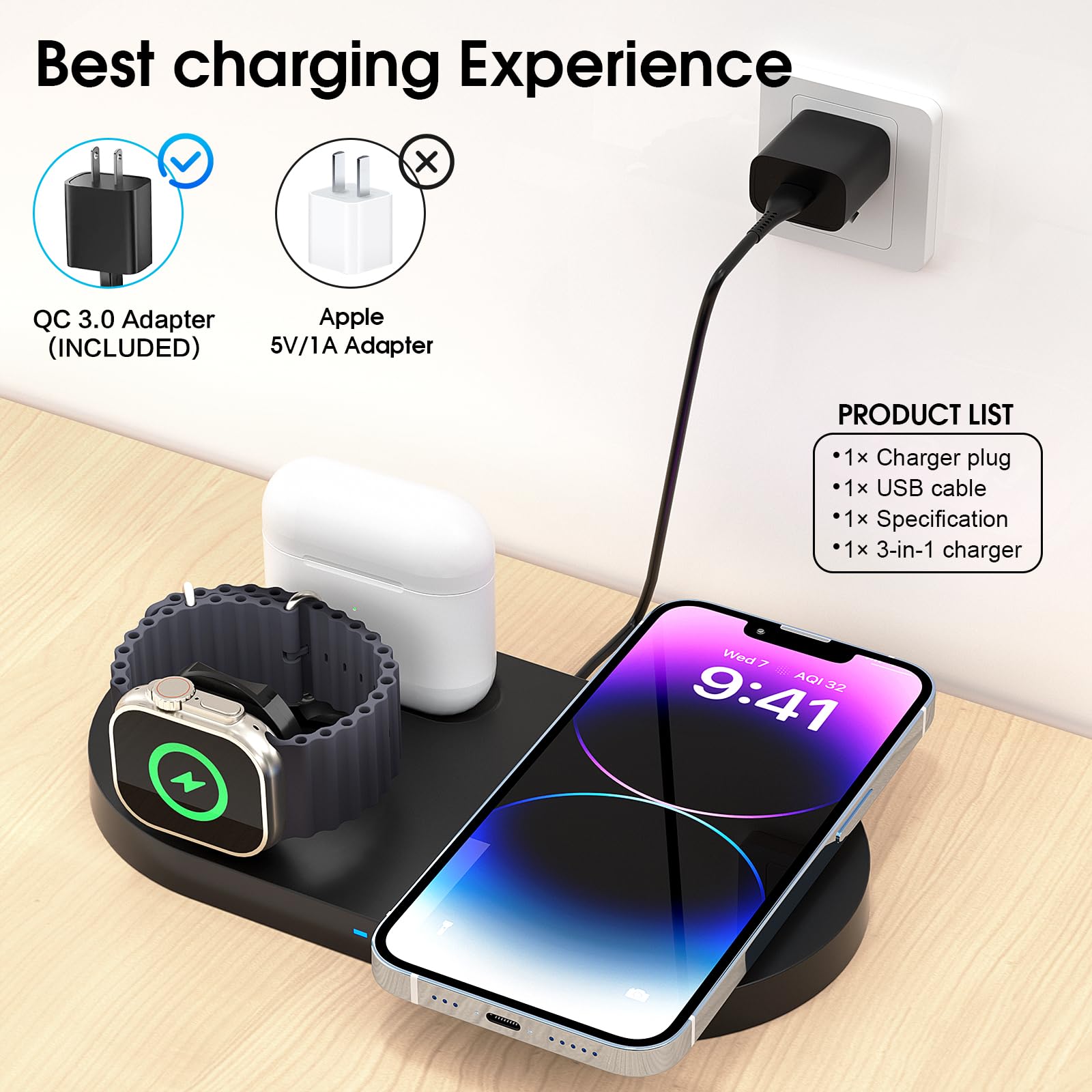 3 in 1 Mag-Safe Wireless Charging Pad, 15W Fast Magnetic Wireless Charging Station, Travel Wireless Charger for iPhone 15/14/13/12Pro/Pro Max/Mini/Plus, iWatch Ultra/9/8/7/6/SE/5/4/3/2, Airpods.