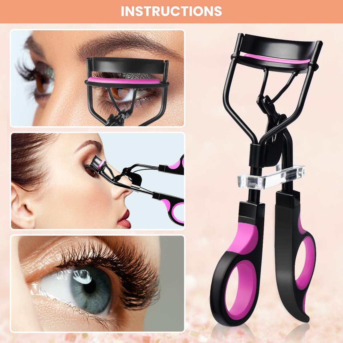Eyelash Curler, HOCOSY 4 in 1 Eyelash Curlers Kit for Women Includes Lash Curler, Eyelash Brush, Eyelash Extension Tweezers, Eyebrow Brush and Comb, Silicone Refill Pads for Natural Eyelashes
