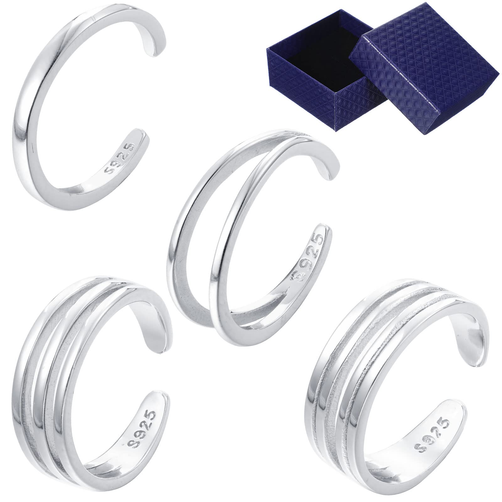 4 Pcs 925 Sterling Silver Toe Rings Set Simple Open Adjustable 925 Sterling Silver Toe Rings with 1 Jewelry Gift Box for Women Girls Gift