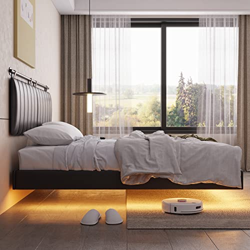 DICTAC King Floating Bed Frame with LED Lights and Wall Mounted Headboard Modern Upholstered Platform Low Profile LED Bed Frame King Size, No Box Spring Needed, Noise Free, Easy Assembly,Black