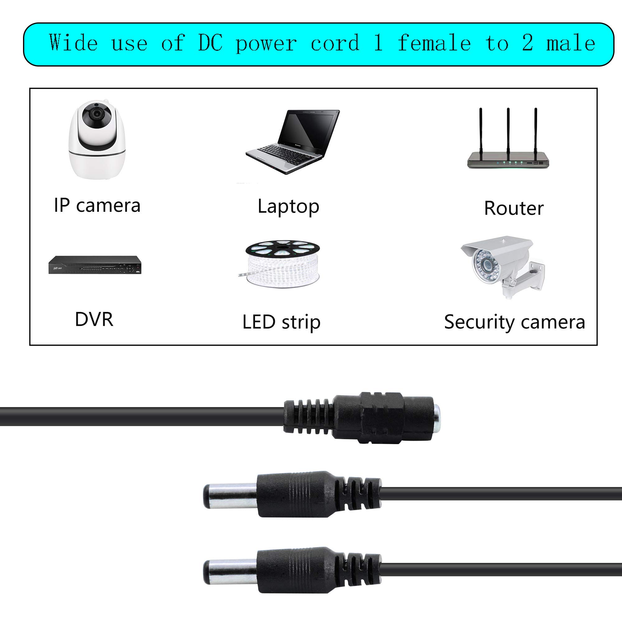 GINTOOYUN DC Y Splitter Cable 1 Female to 2 Male,5.5mm x 2.1mm DC Power Extension Adapter Cable,for CCTV Surveillance Cameras,Surveillance Routers,DVR,and More(2PCS