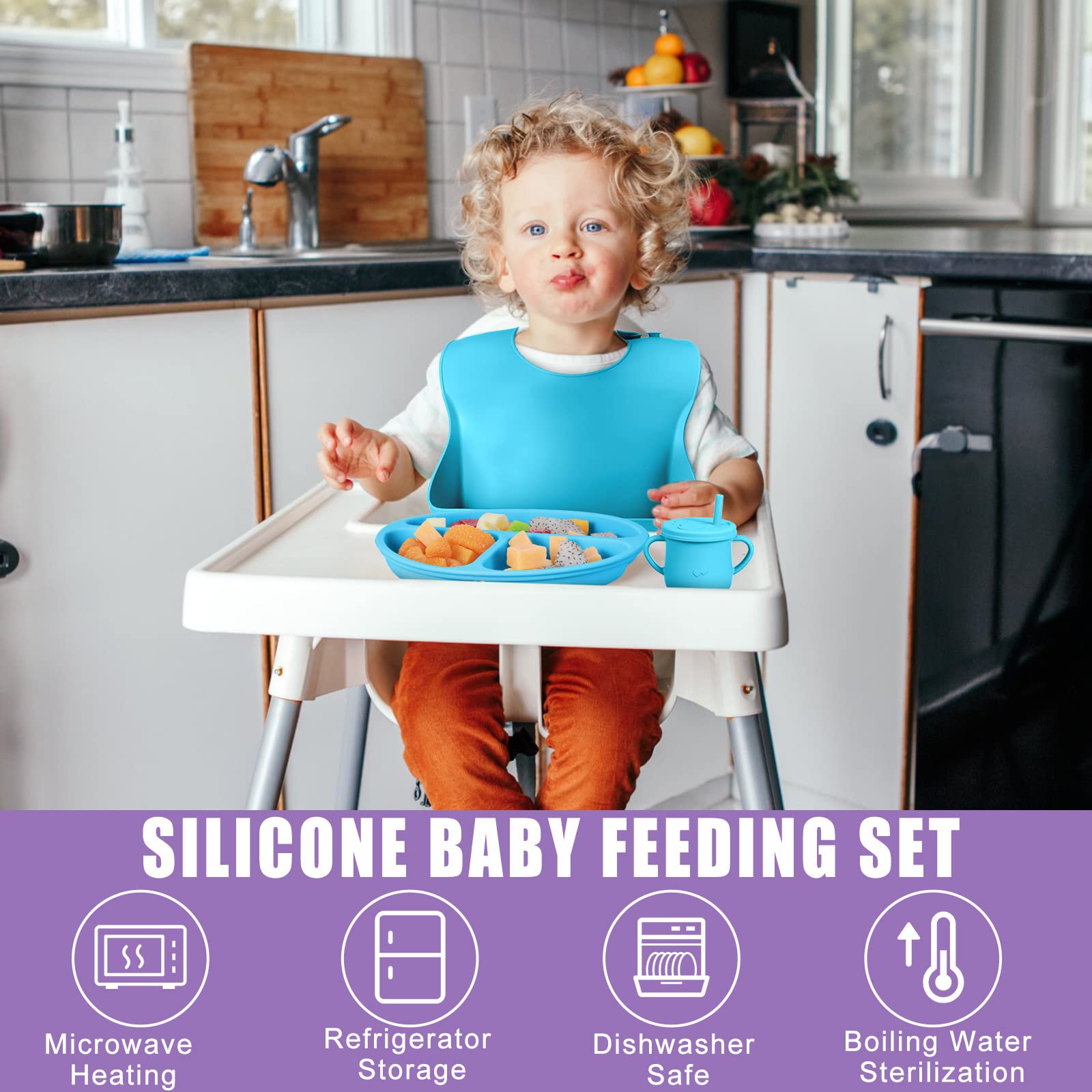 3 Sets Baby Led Weaning Supplies, Silicone Baby Feeding Set with Divided Plate Adjustable Bib Suction Bowl with Lid Snack Cup Soft Spoon Fork, Self Eating Utensil (Beige, Orange, Mint)