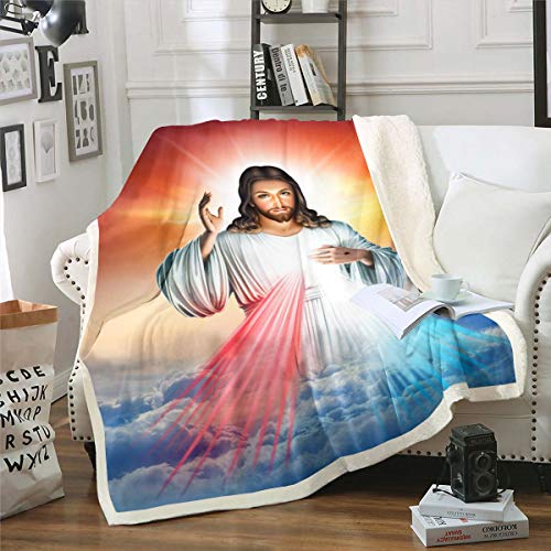 Erosebridal Jesus Blanket Throw Christian Easter Floor Throw Twin Size for Teens Adult Women Mary Bless Theme Religious Culture Plush Bed Blanket Blue and Red Lines Stripe Cloud Fleece Blanket
