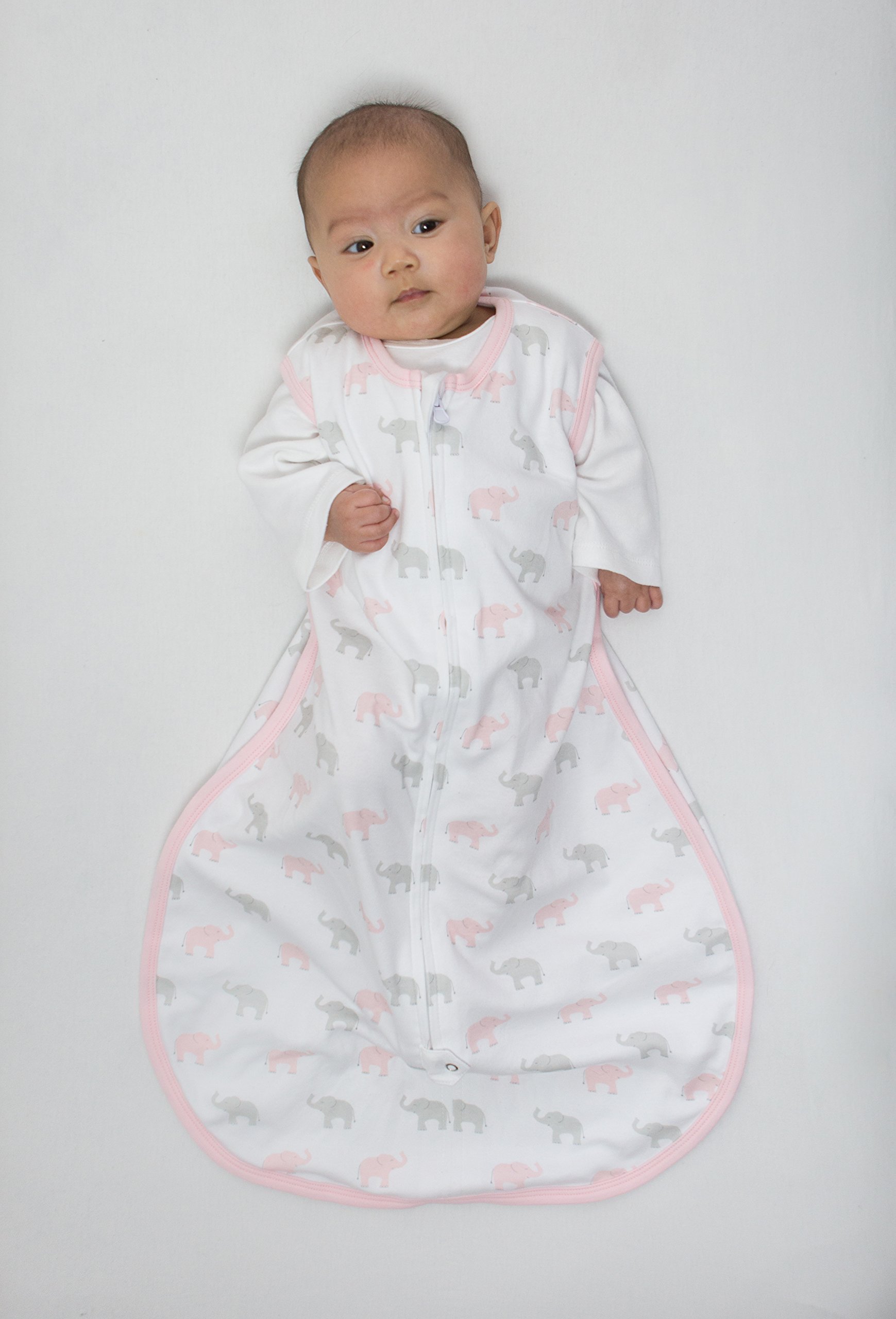 Amazing Baby Cotton Sleeping Sack, Wearable Blanket with 2-way Zipper, Pastel Pink + Gray Tiny Elephants, Small (0-6 mo)