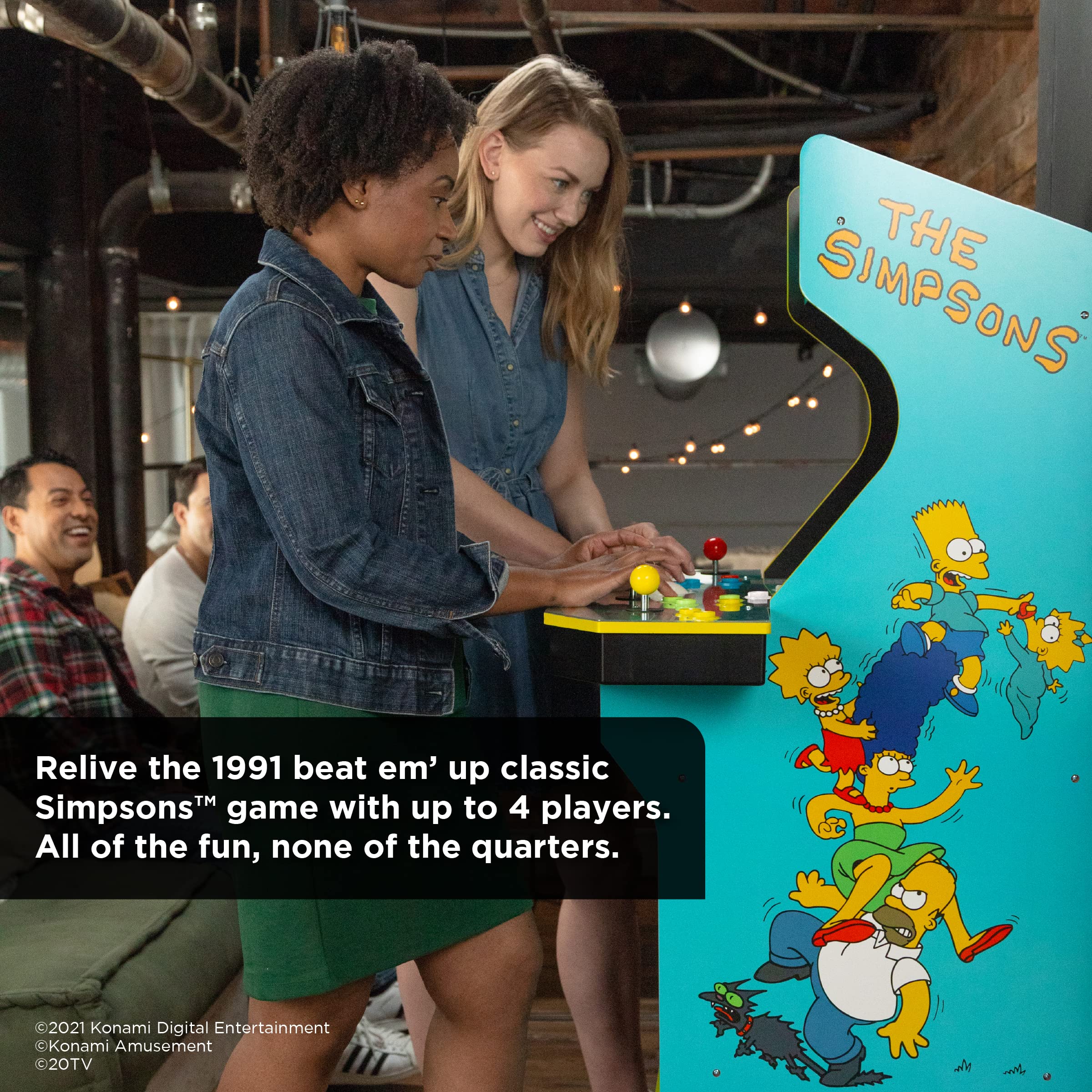 Arcade1Up The Simpsons Arcade Machine, 4-Foot β 4 Player Arcade Game Machine for Home, Live WiFi Enabled β Includes Custom Arcade Game Riser, Adjustable Stool, Light-Up Marquee, and Tin Wall Sign