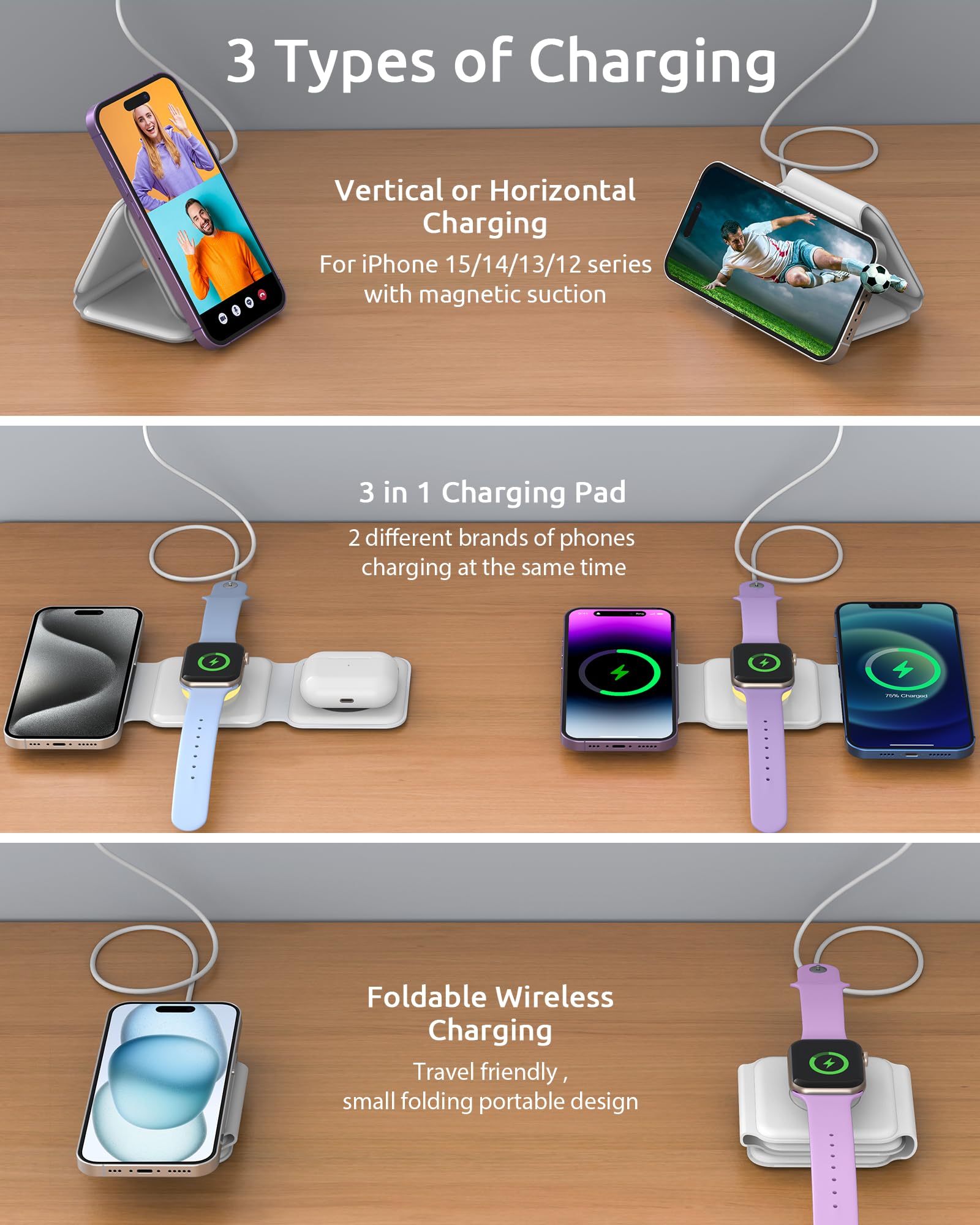 3 in 1 Foldable Wireless Charger, Wireless Charging Station for iPhone 15/14/13/12/11 Pro Max/X/XS, Fast Magnetic Travel Wireless Charging Pad for AirPods 3/2/Pro Apple Watch