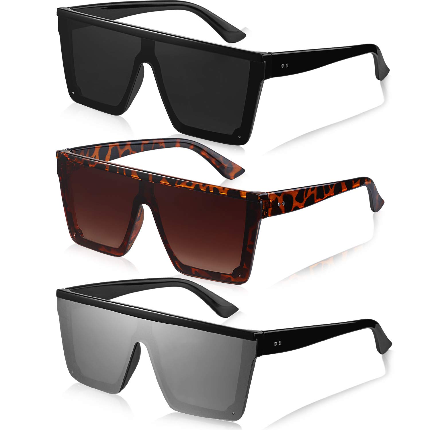 3 Pairs Oversized Flat Top Sunglasses Vintage Square Sunglasse Unisex Square Shade Sunglasses for Men Women (Black, Orange-Brown, Gray)