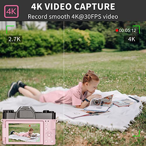 Digital Camera for Photography VJIANGER 4K 48MP Vlogging Camera for YouTube with WiFi, 16X Digital Zoom, 52mm Wide Angle & Macro Lens, 2 Batteries, 32GB TF Card(W02-Pink31)
