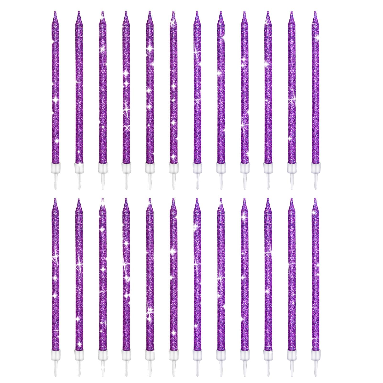 24-Count Glitter Long Thin Birthday Candles, Dark Purple Long Stick Birthday Cake Candles Set, Cake Candles Decorations for Birthday Party Wedding Anniversary Supplies
