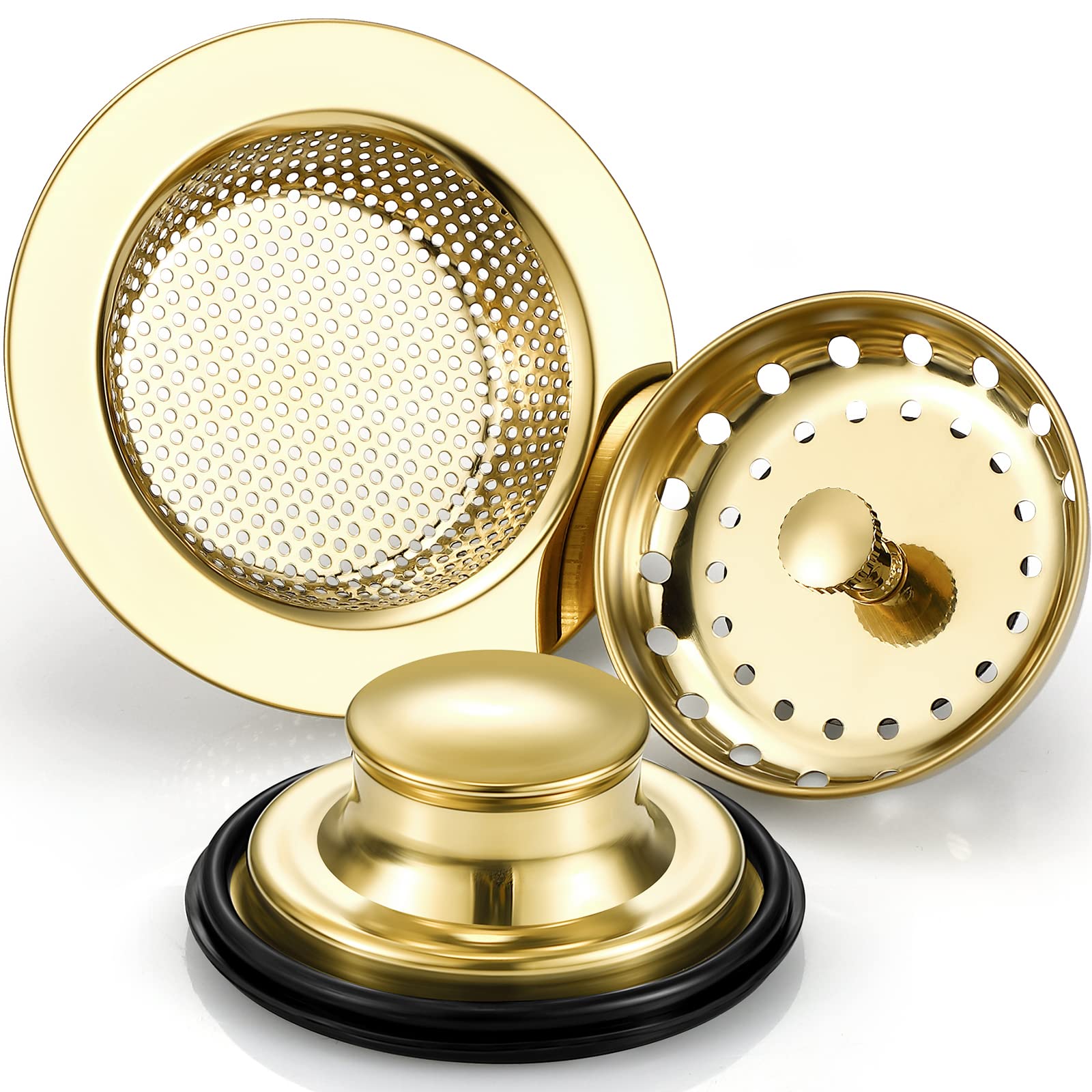 3 Pieces Kitchen Sink Stopper Strainer Garbage Disposal Plug, Stainless Steel Universal Anti-Clogging Filter, Sieve Basket Strainer, Wide Rim for Drain (Light Gold)