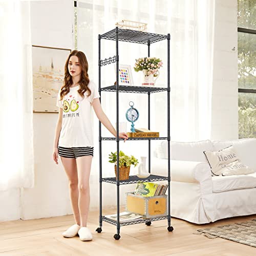 Devo 5-Tier Shelf Storage Shelves, Metal Shelves for Storage, Wire Shelving Unit, Adjustable Shelves Organizer for Garage, Pantry, Kitchen, Side Hooks, Black