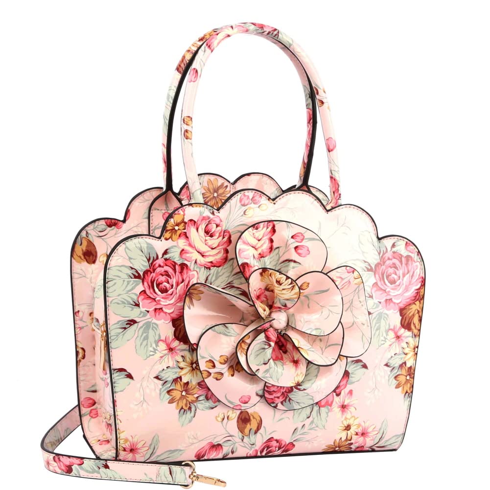 3D Flower Applique Floral Leopard Print Patent Vegan Leather Satchel Handbag Wallet Set (Flower Print - White Multi)