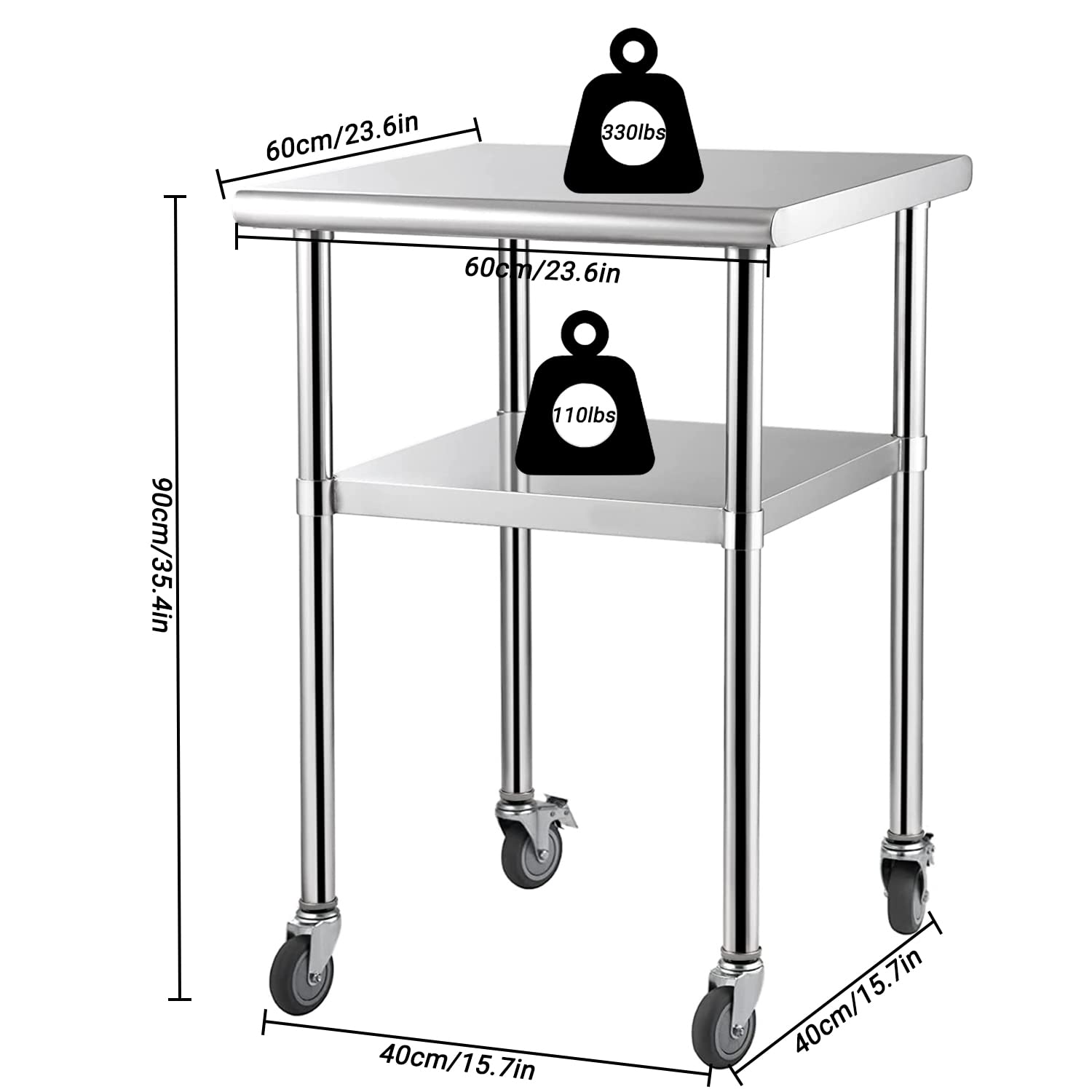 tonchean 24 × 24 × 36in Stainless Steel Workbench with Wheels, NSF Heavy Duty Commercial Workbench with Adjustable Shelves and Caster Brake Cart for Commercial Kitchen, Hotel, Laundry, Storage, Home