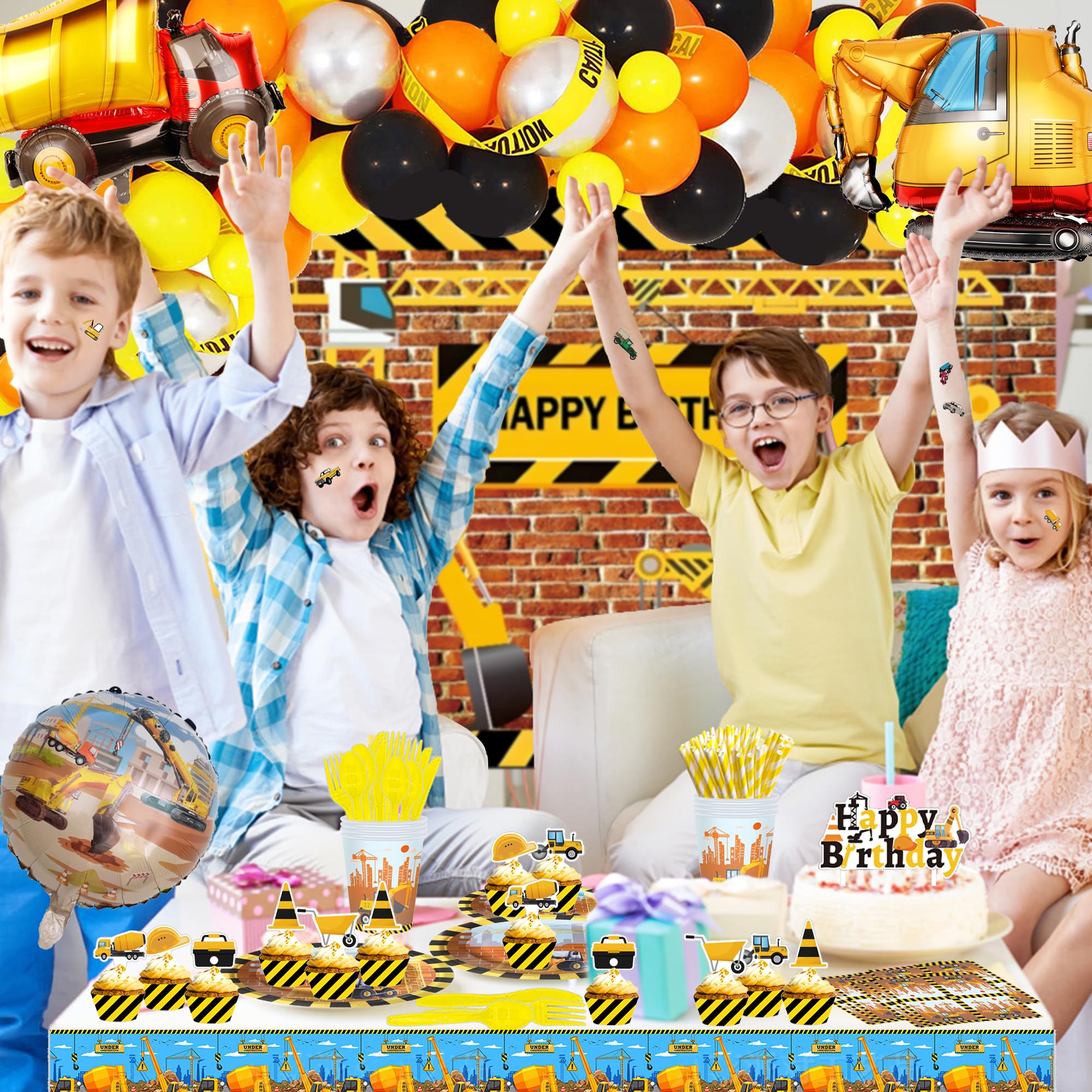 258 Pcs Construction Birthday Party Supplies, Construction Birthday Party Decorations, Includes Banner, Cake & Cupcake Topper, Backdrop, Balloons, Tableware and Stickers for Kids Birthday Party