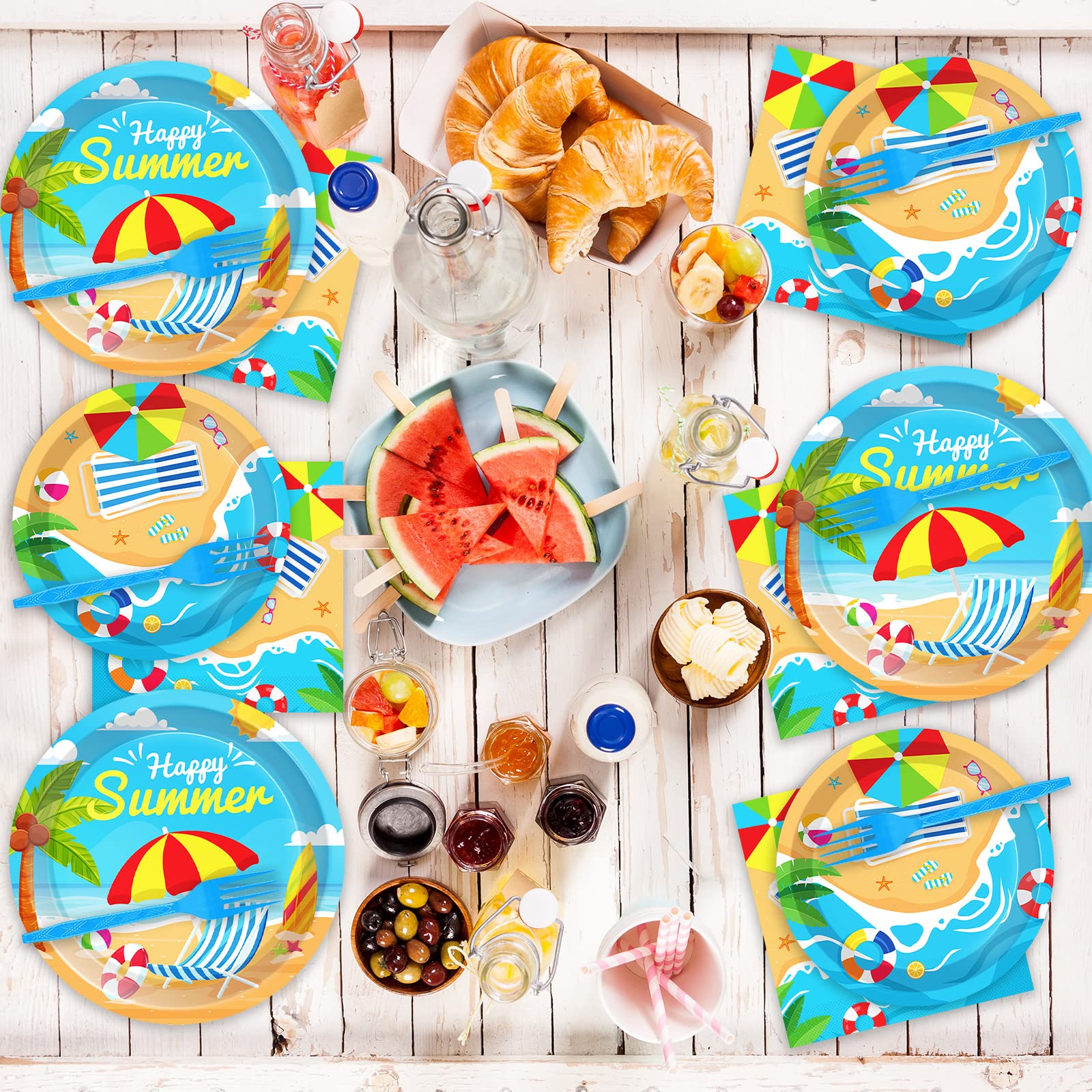 200 Pieces Beach Party Supplies Summer Birthday Party Decorations Disposable Paper Plates Napkins Forks Dinnerware Tableware Set Beach Party Decoration Favors For Kids Serves 50