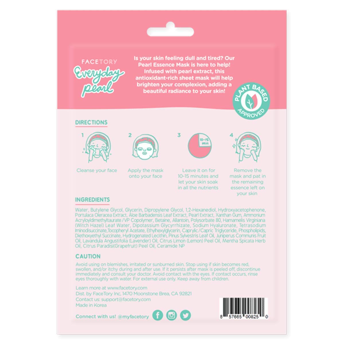 FACETORY K Beauty Face Mask Skin Care - Everyday PEARL Brightening Sheet Mask | Plant-Based with Pearl Essence (5 Pack)
