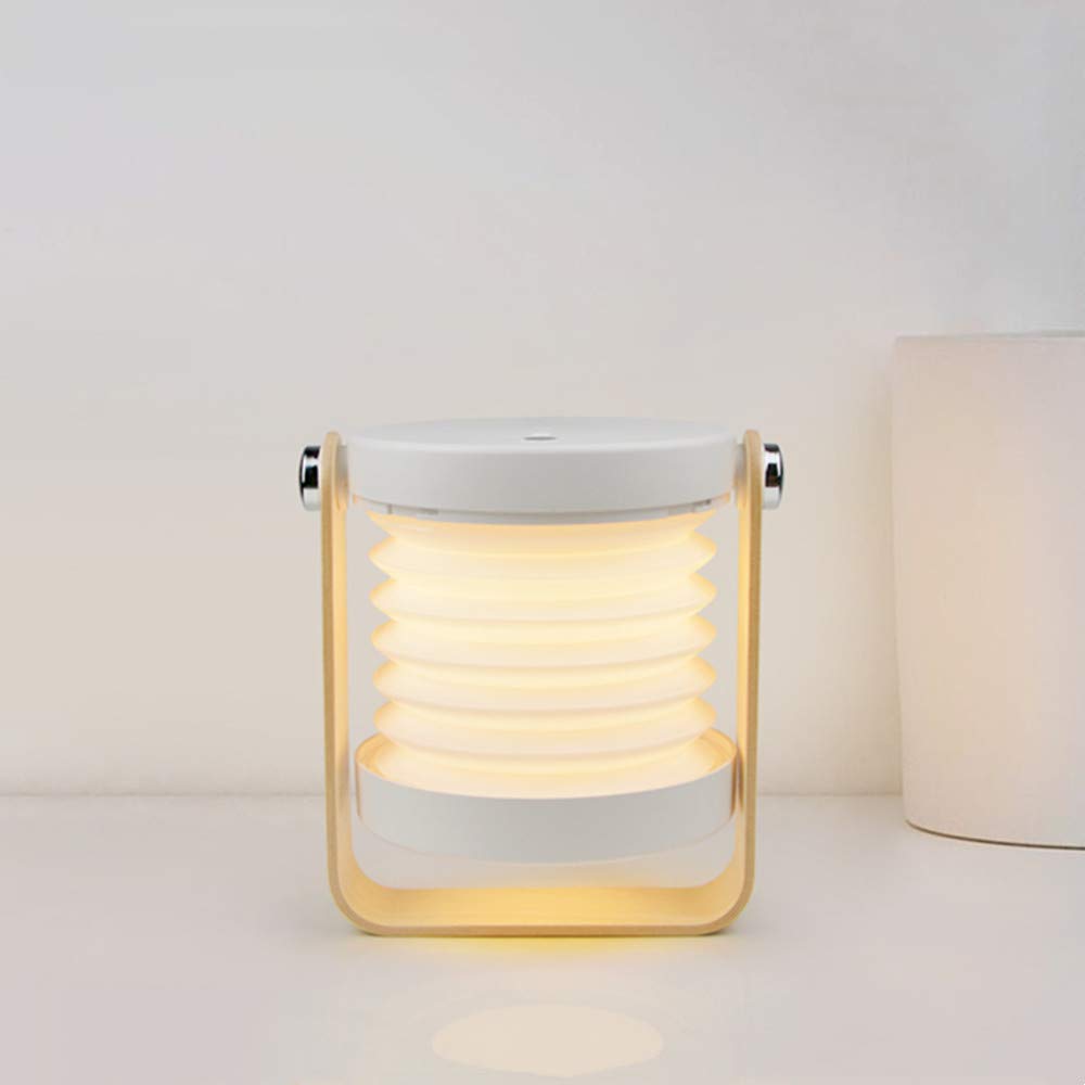 4-in-1 Foldable Table Lamp,USB Retractable LED Light,Wooden Handle Portable Lantern Light and Flashlight,Touch Control Dimmable 3 Level Brightness Night Light for Reading, Outdoor Camping (White)
