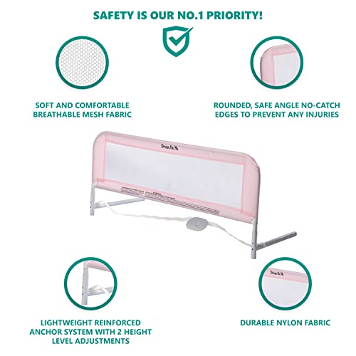 Dream On Me Adjustable Mesh Bed Rail in Pink, Two Height Levels, Breathable and Durable Fabric, Lightweight and Portable Bed Rail for Toddlers, Double Pack