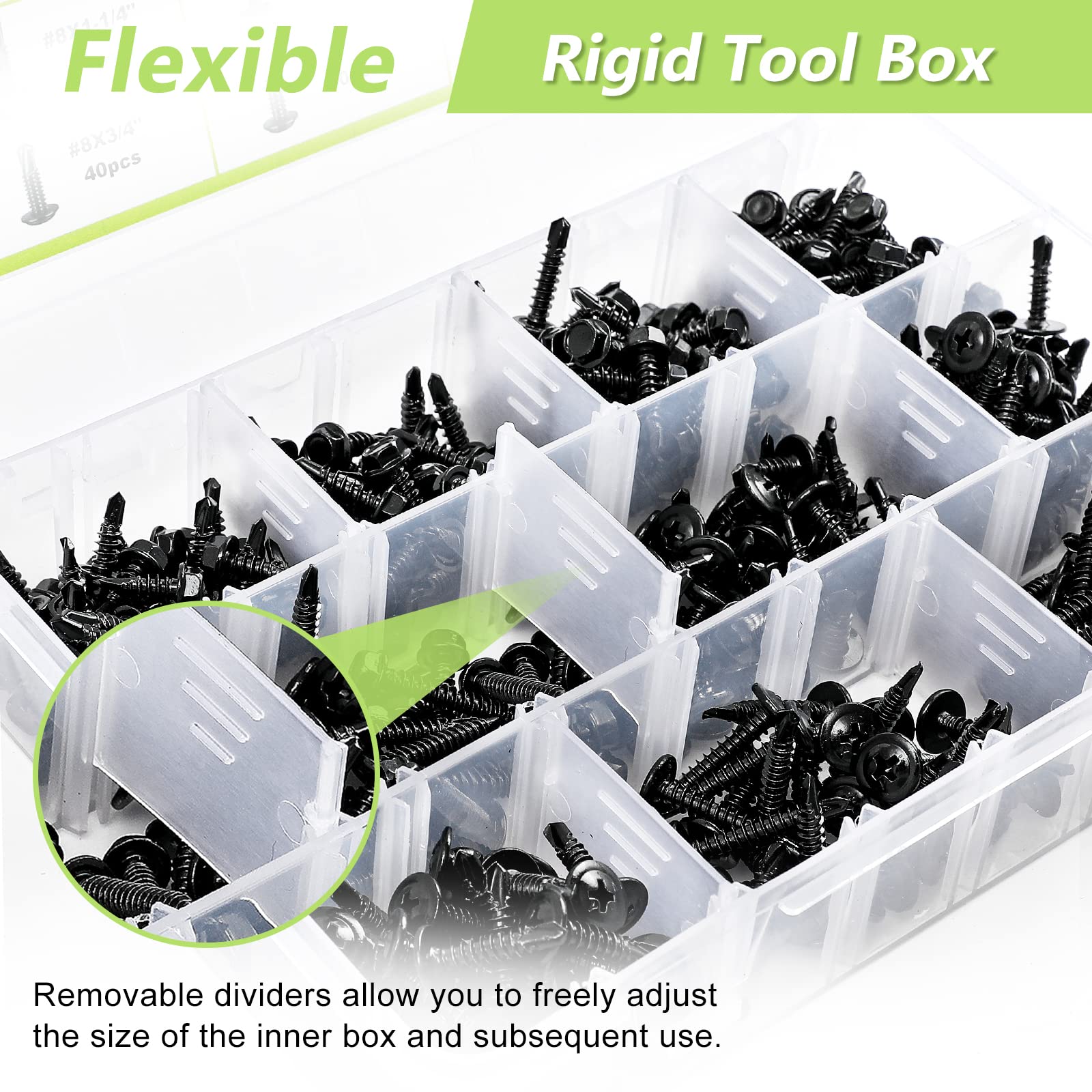 370pcs Self Tapping Screws, 8# Self Drilling Screw, Hex Washer & Modified Truss Head Self Tapper, 410 Stainless Steel Self Screws for Sheet Metal & Building Material, 1/2'' to 1-1/4'', Black Oxide