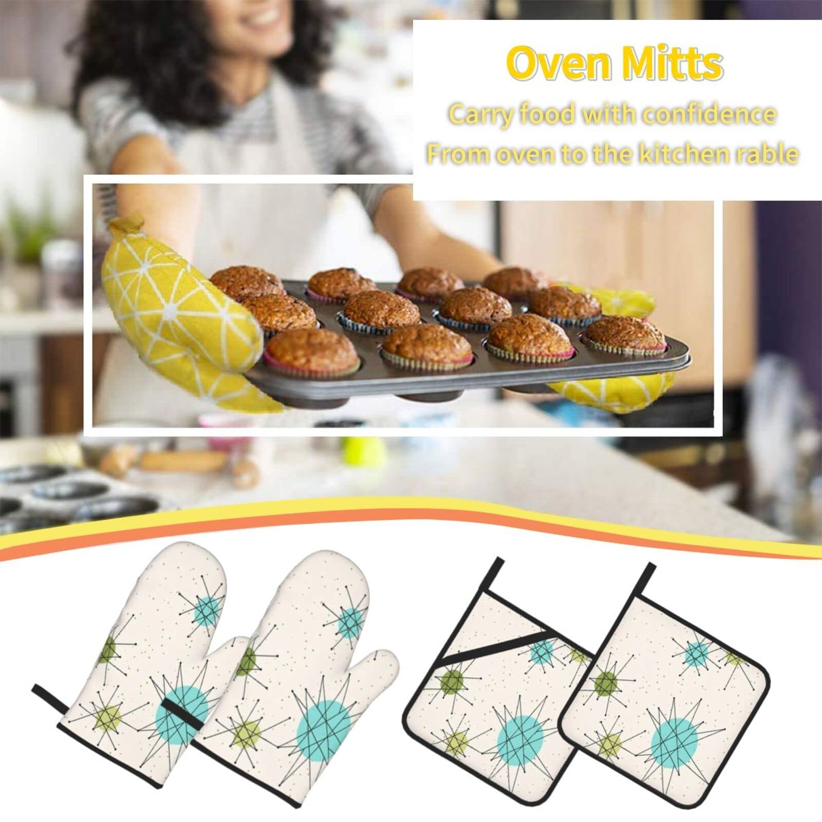 4-Piece Oven Glove and Pot Holder,Iconic Atomic Starbursts,Heat-Resistant Oven Glove and Pot Holder,Can Be Used for Cooking and Grilling, Orange