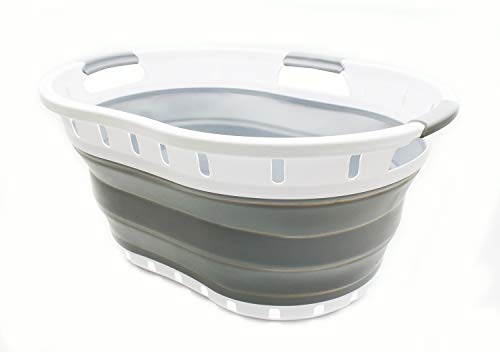 SAMMART 36L (9.5 Gallon) Collapsible 3 Handled Plastic Laundry Basket - Oval Basket - Foldable Storage Container/Organizer - Space Saving Laundry Hamper (White/Grey)