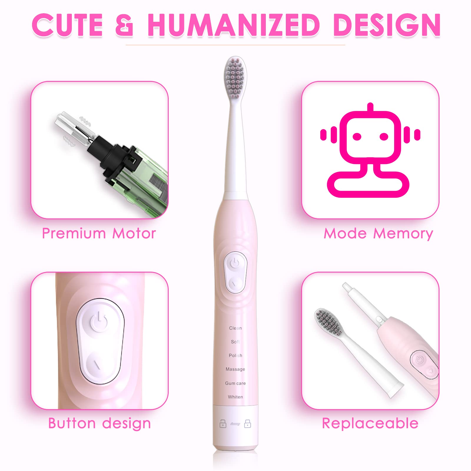 Chain Peak Sonic Electric Toothbrush for Men and Women, Rechargeable Smart Toothbrush with 6 Modes, 6 Brush Heads, 40000VPM, with Holder, Pink and White
