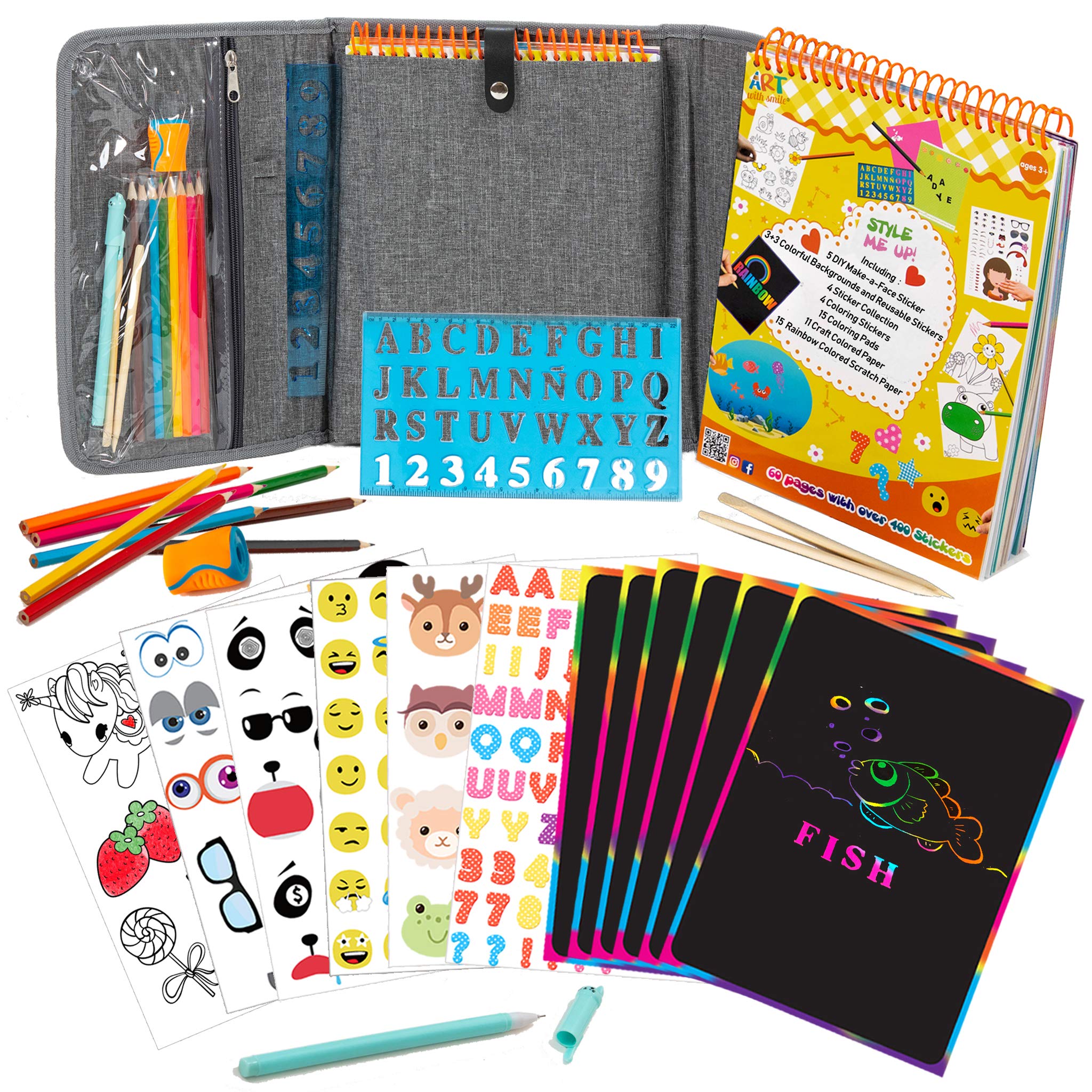 Activity Book for Girls and Boys - Premium Case Includes Large 60-page - 420 Stickers, Rainbow Scratch Papers, Reusable Stickers, Coloring Pencils, Numbers and Letters Stencil - Educational Toys Gift