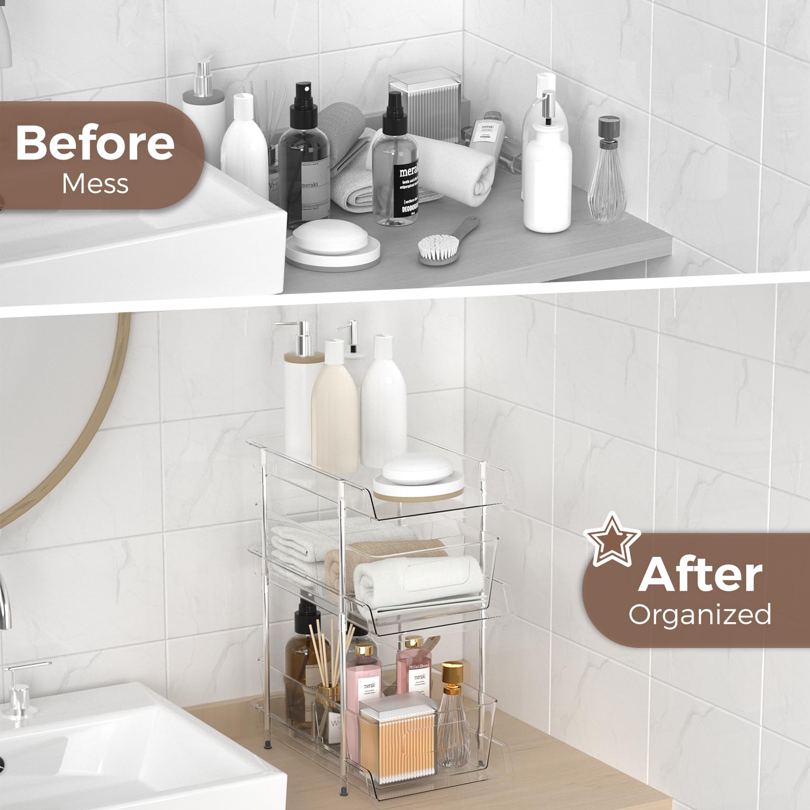 3 Tier Clear Bathroom Organizers, Pull Out Organizers and Storage, Slide Out Acrylic Drawer Organizer with 6 Dividers, Multi-Purpose Bathroom Organizer, Under Sink Organizer, Medicine Cabniet Bins